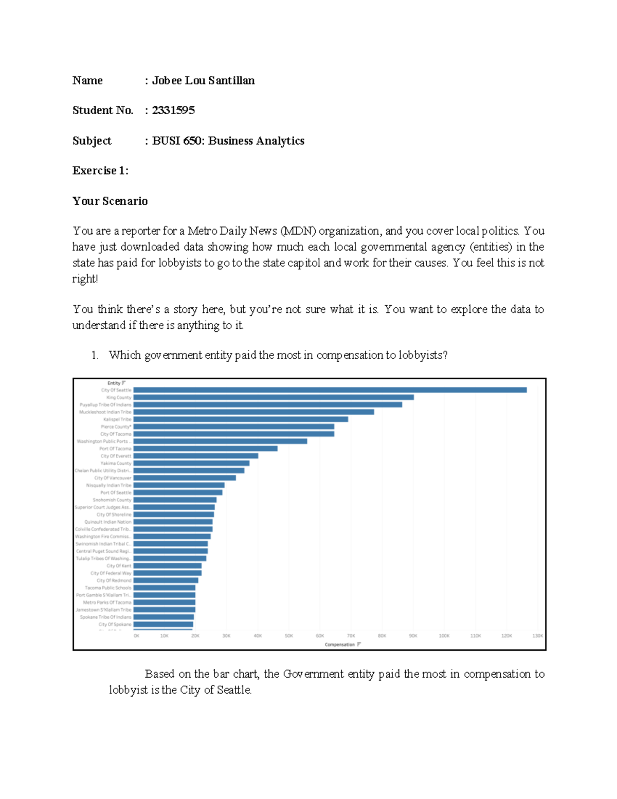 BUSI 650 Exercise 1 - Name : Jobee Lou Santillan Student No. : 2331595 ...