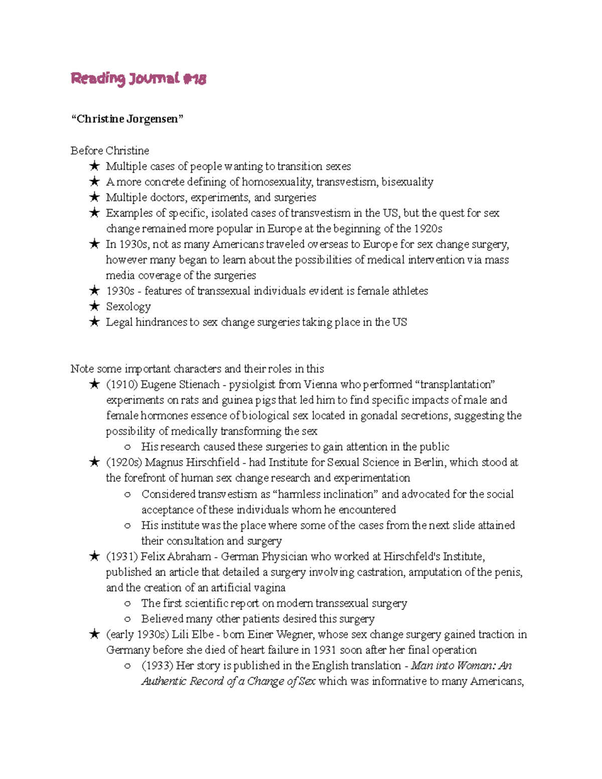 Reading Journal 18 - labor notes - Reading Journal “Christine Jorgensen ...