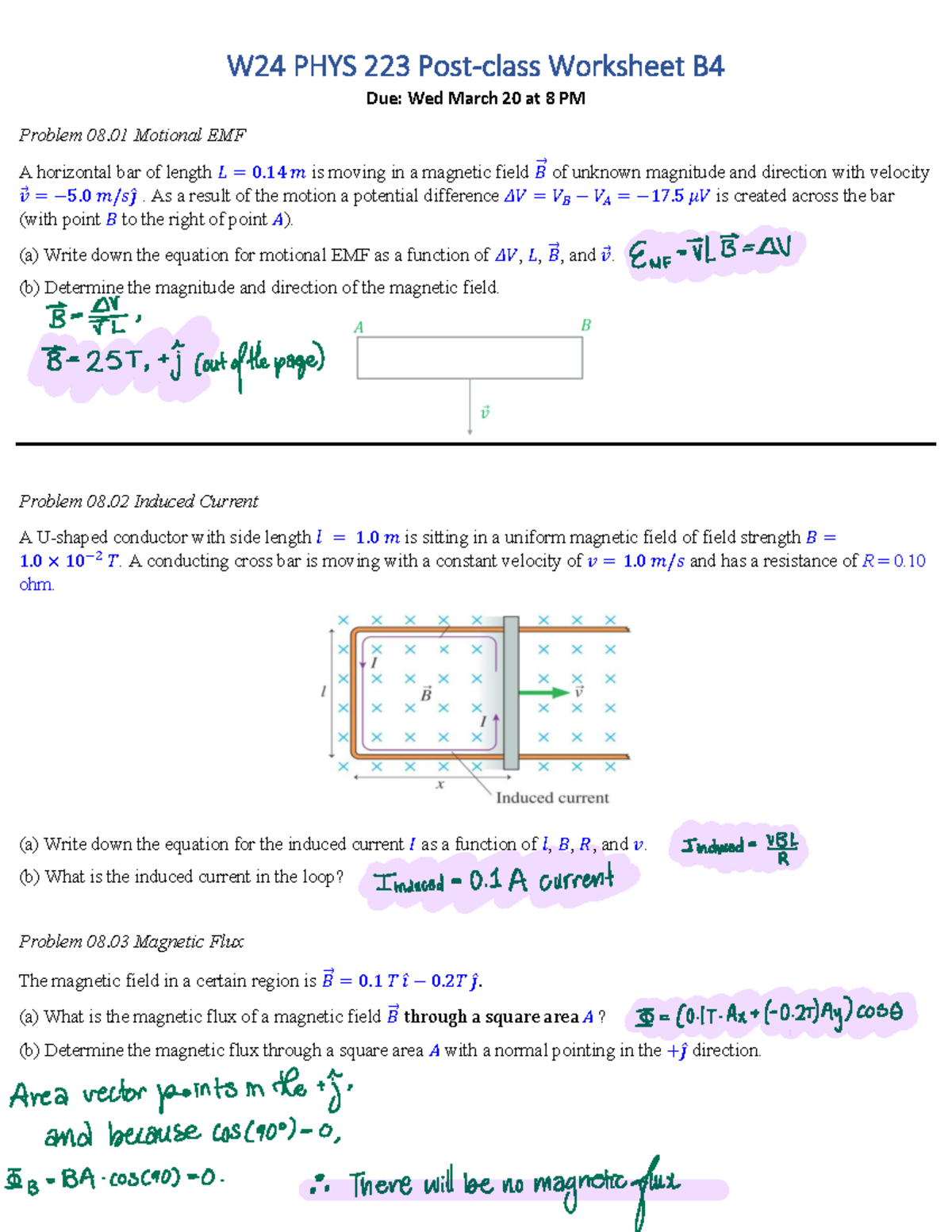 W24 PHYS 223 Post-class Worksheet B4 - 14 𝑚 is moving in a magnetic field 𝐵⃗ of unknown ...