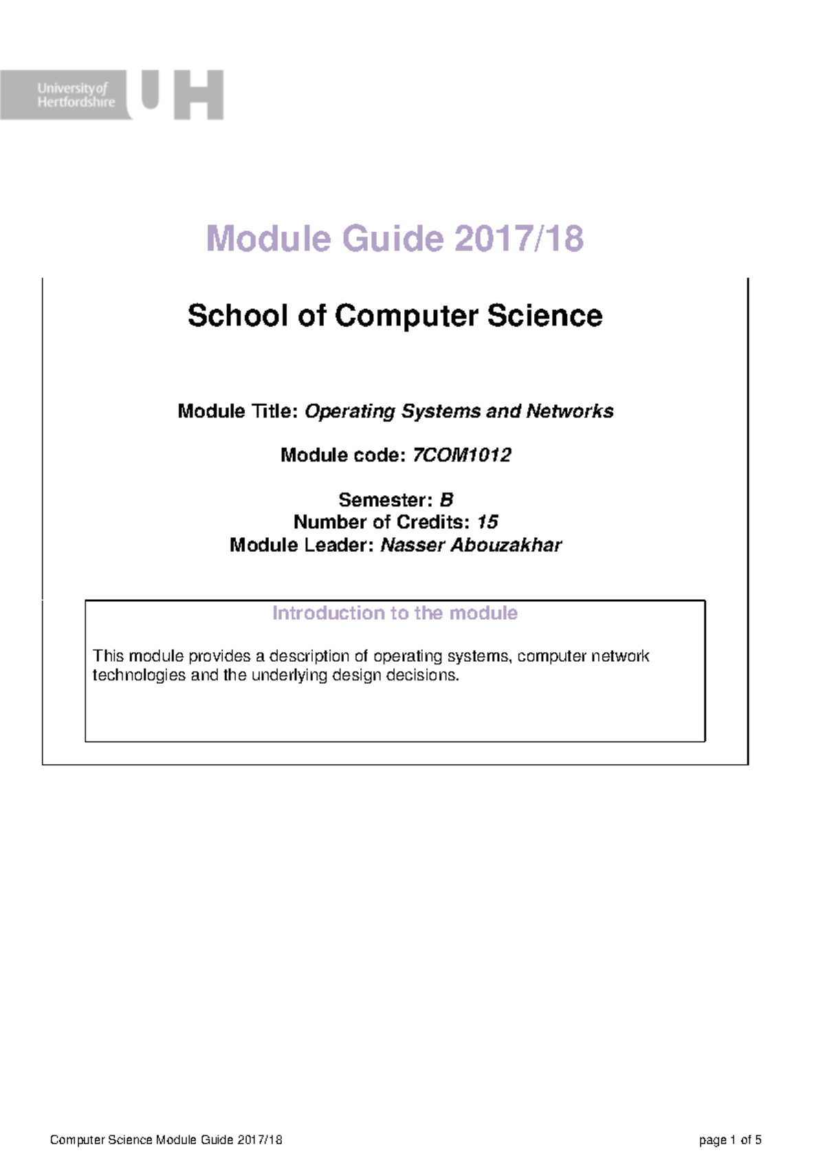 Computer Science: Networking and Operating Systems Module Guide ...