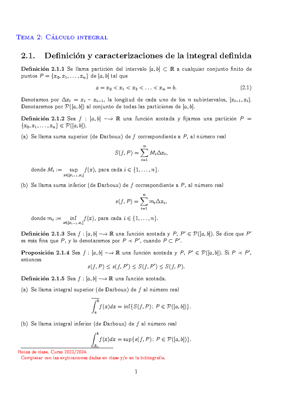 Integrales definidas e integrales impropias - Tema 2: C ́alculo integral 2. Definici ́on y - Studocu