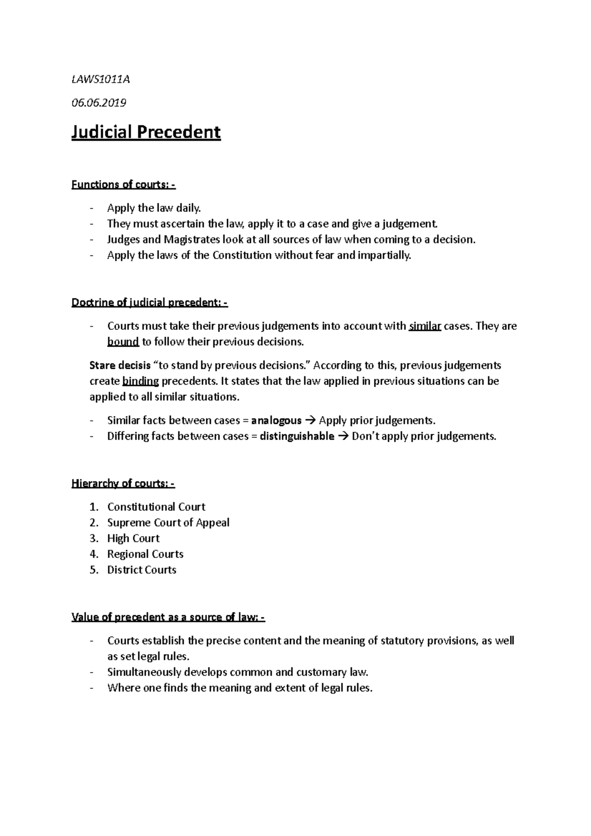 Judicial Precedent #1 - law notes - LAWS1011A 06. Judicial Precedent ...