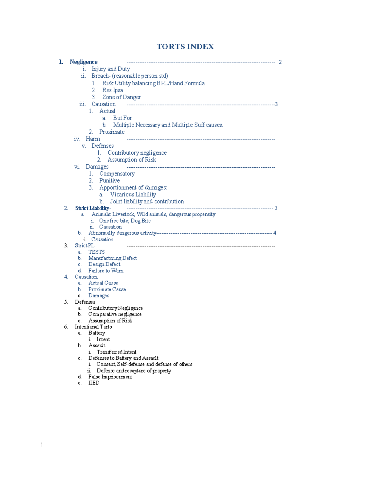 0 Torts Final - TORTS INDEX 1. Negligence - 2 i. Injury and Duty ii ...