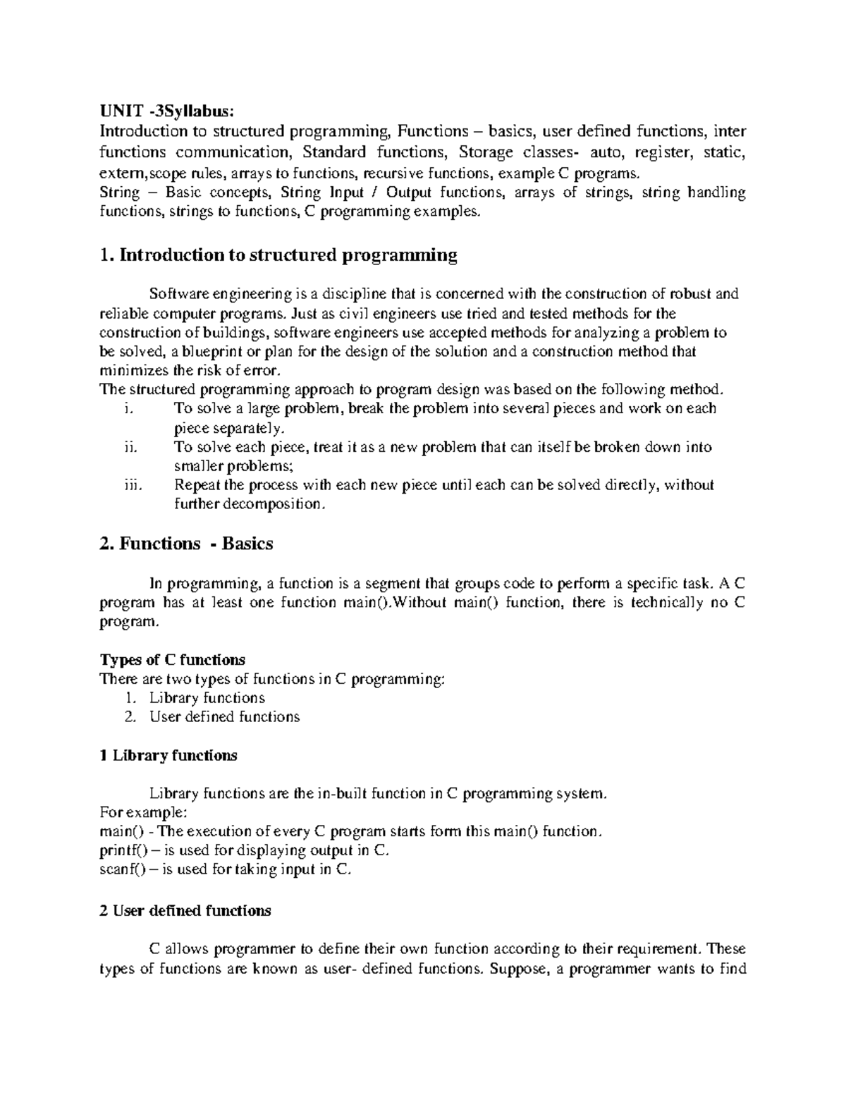 Functions in C programming - UNIT -3Syllabus: Introduction to ...
