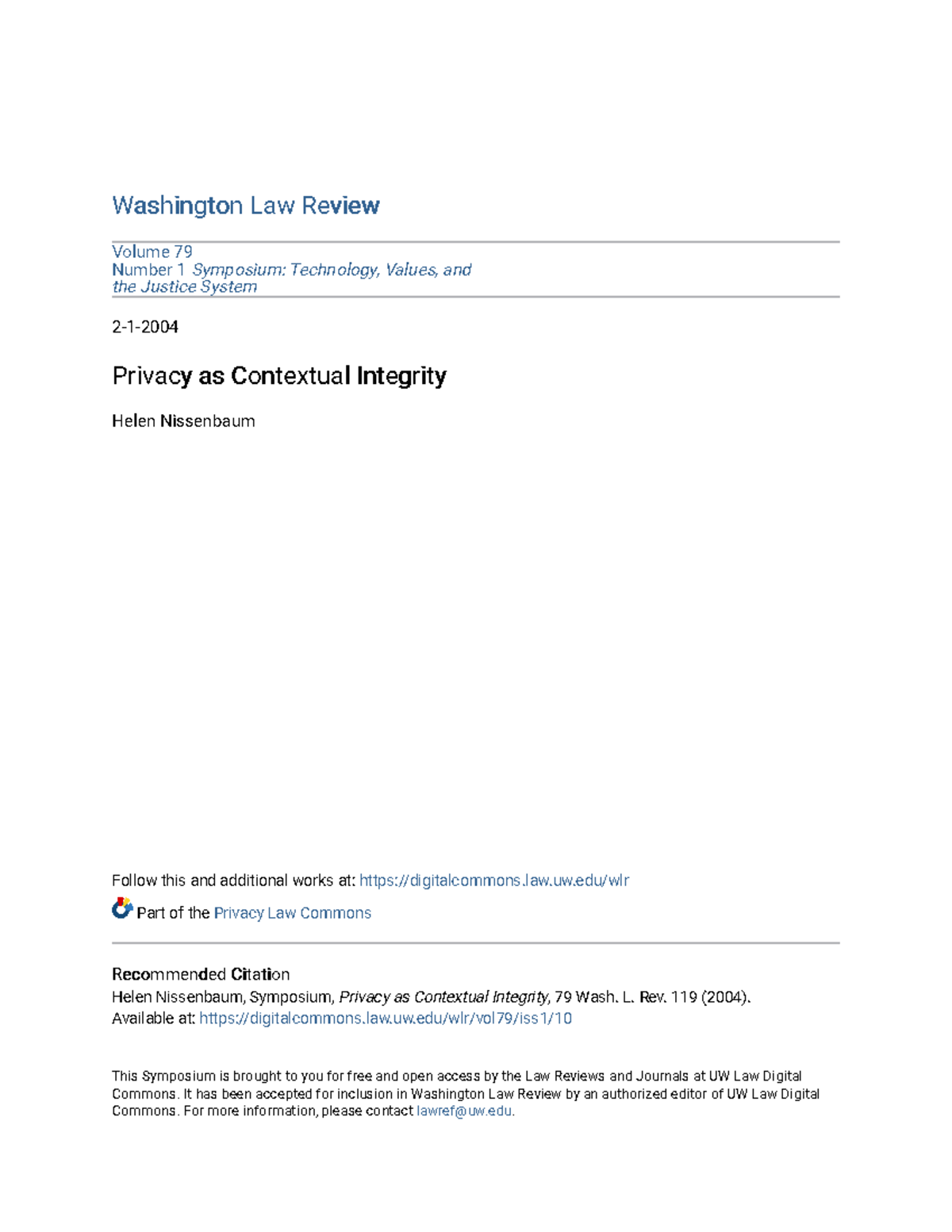 Privacy as Contextual Integrity - Washington Law ReviewWashington Law ...