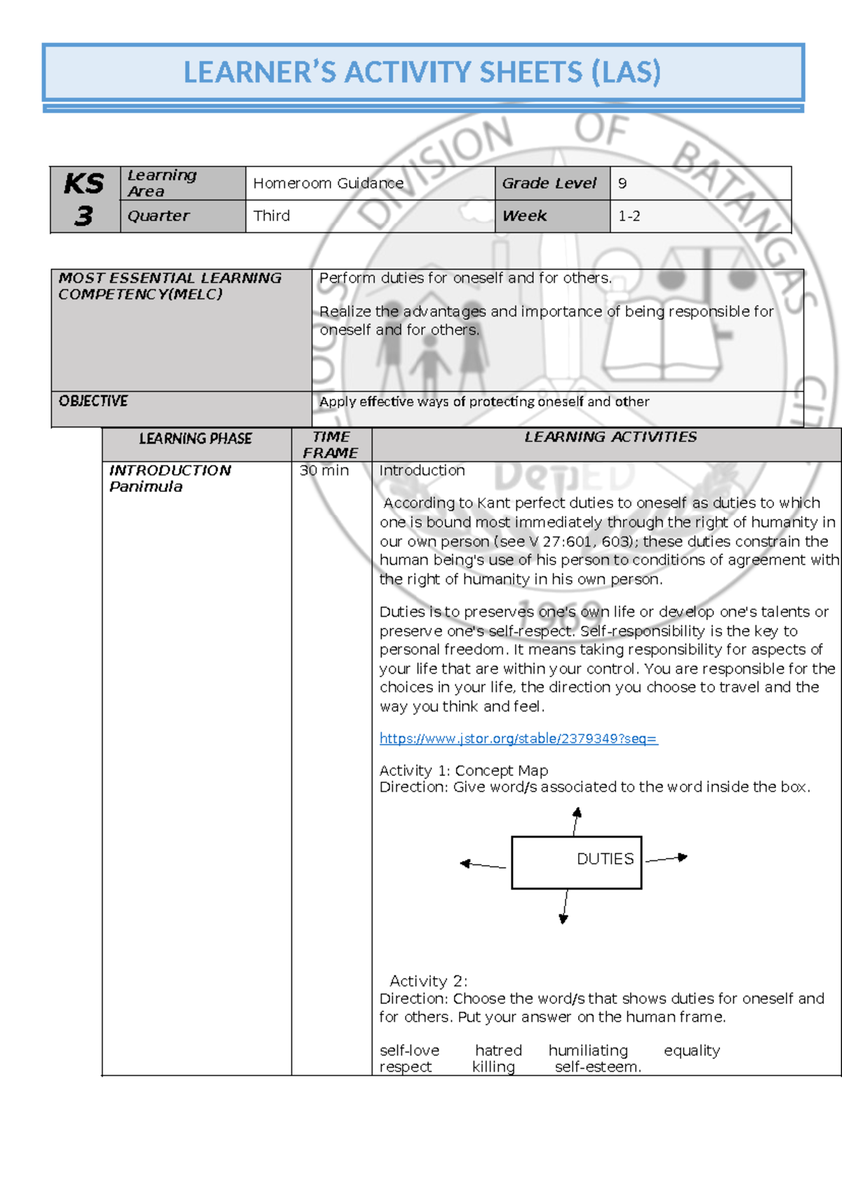 LAS HG 9 W1 2 Q3 evaluated - KS 3 Learning Area Homeroom Guidance Grade ...