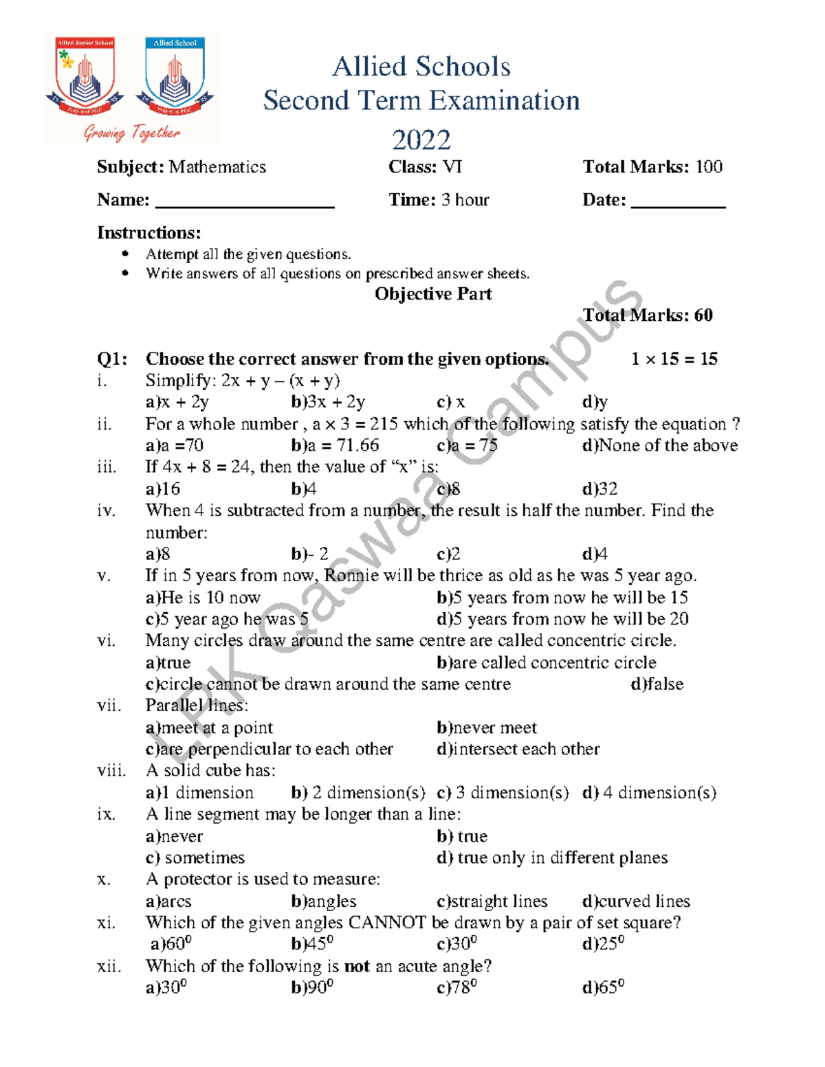 Class VI Mathematics Second Term - Exam Class 6 - THP Course Fundamentals - Studocu