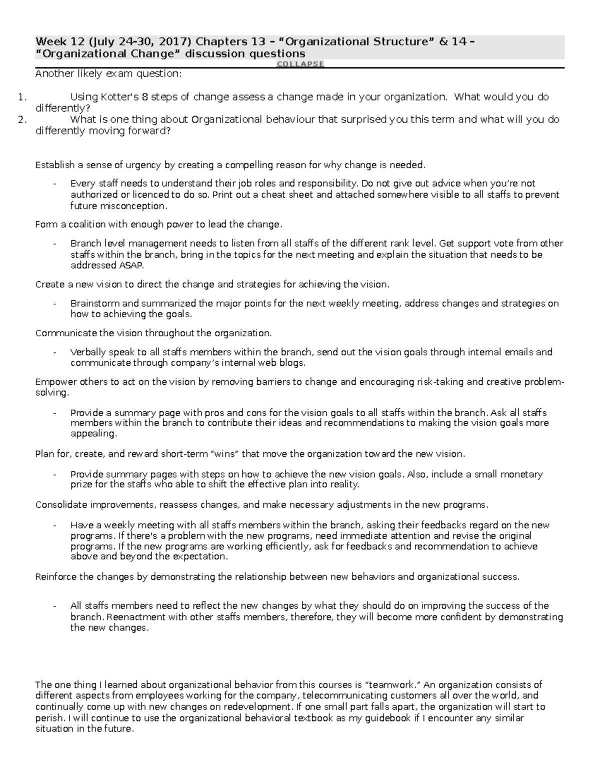 Week 12 - Discussion - Week 12 (July 2017) Chapters 13 14 discussion ...