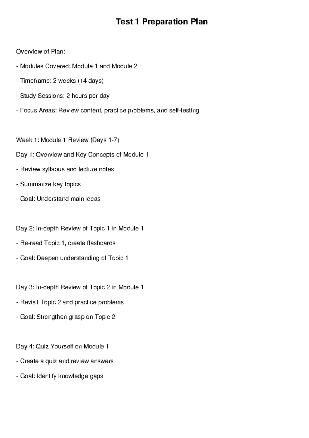 Test 1 Preparation Plan - Test 1 Preparation Plan Overview of Plan ...