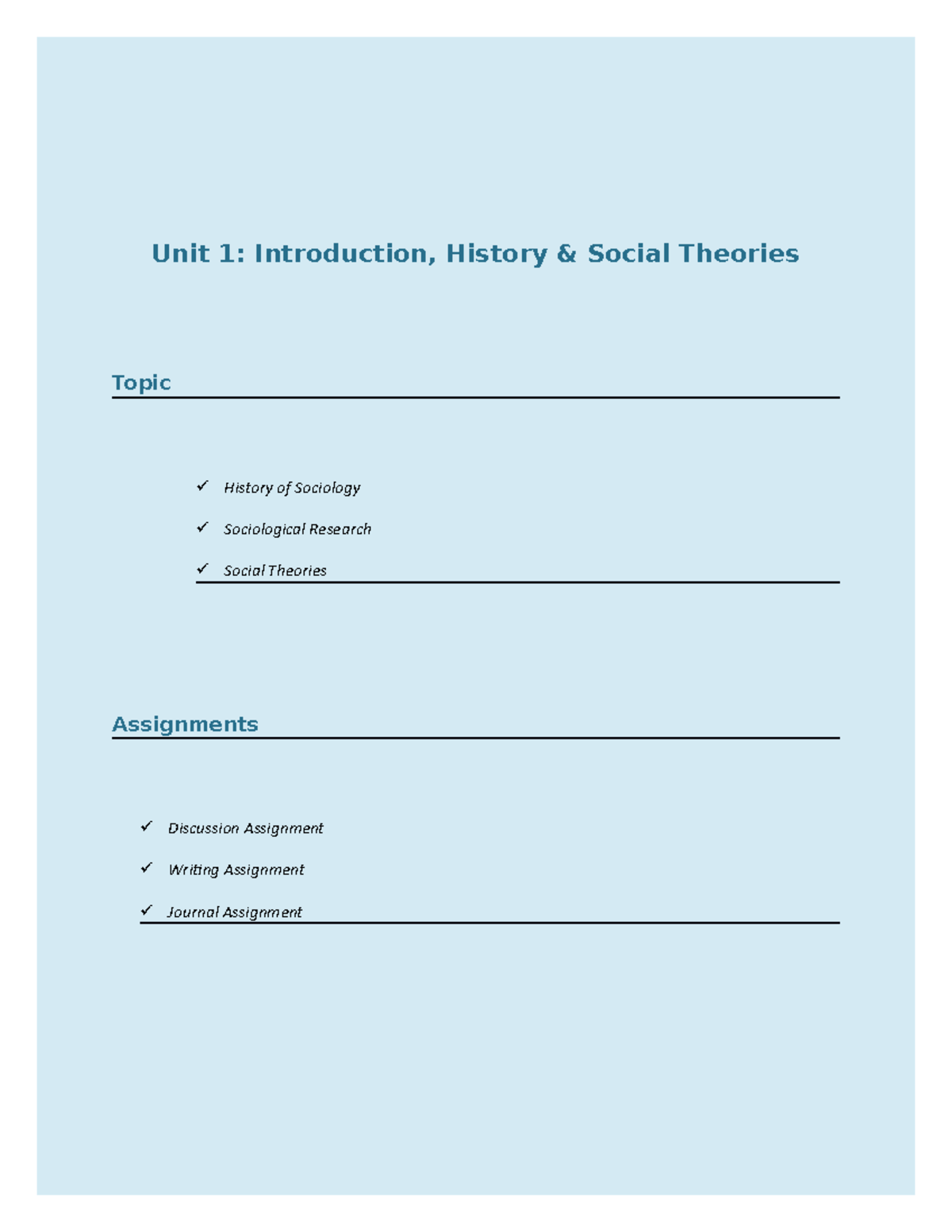 SOC 1502 Unit 1 Assignments - Unit 1: Introduction, History & Social ...