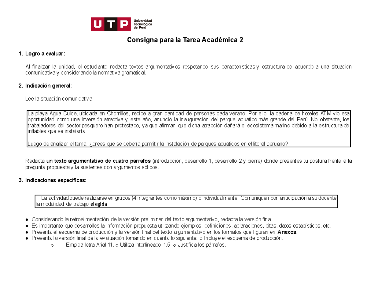 Consigna para la Tarea Académica 2 - Logro a evaluar: Al finalizar la unidad, el estudiante ...
