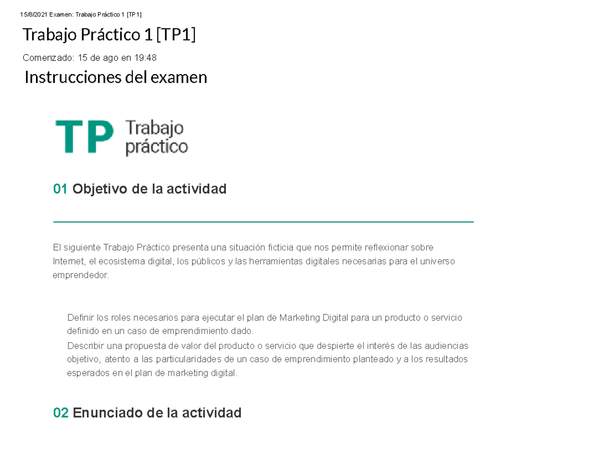 Examen Trabajo Práctico 1 -TP1- herramientas - 15/8/2021 Examen: Trabajo Práctico 1 [TP1 ...
