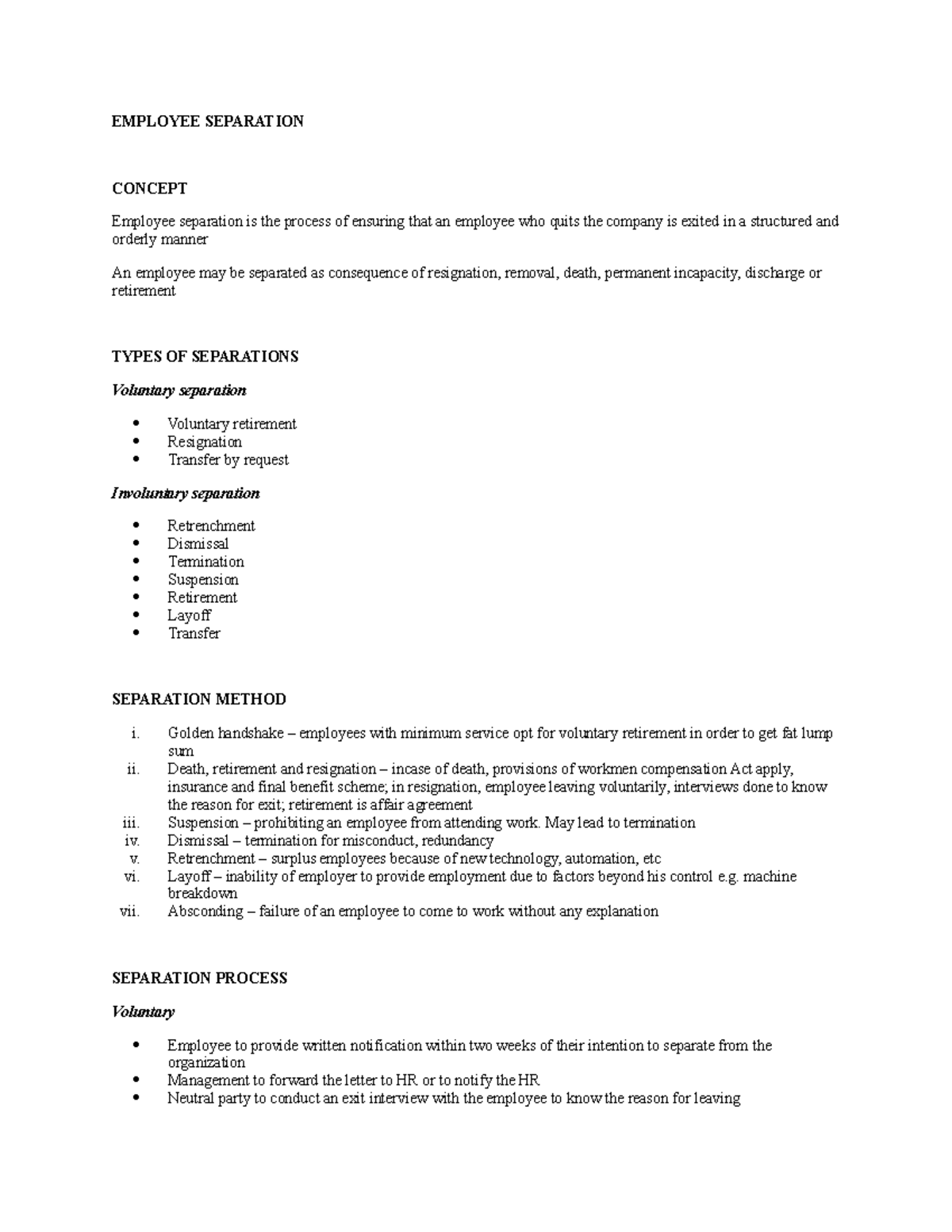 Employee Separation - EMPLOYEE SEPARATION CONCEPT Employee separation ...