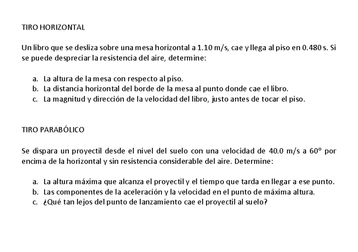 Ejercicios Tiro Horizontal y Tiro Parabólico - TIRO HORIZONTAL Un libro ...