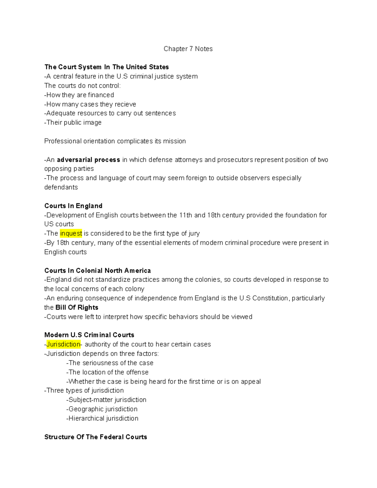 Chapter 7 & 8 Notes - Chapter 7 Notes The Court System In The United ...