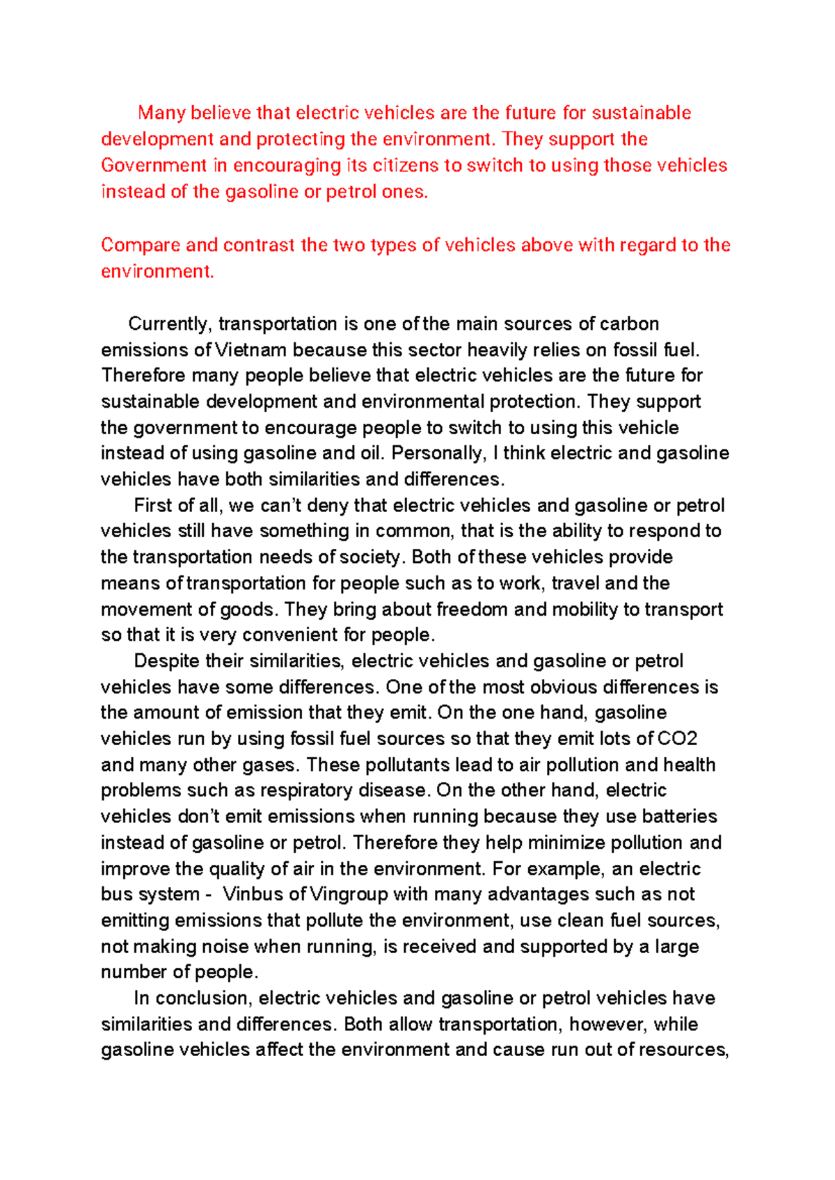 Writing - Writting lesson - Many believe that electric vehicles are the ...