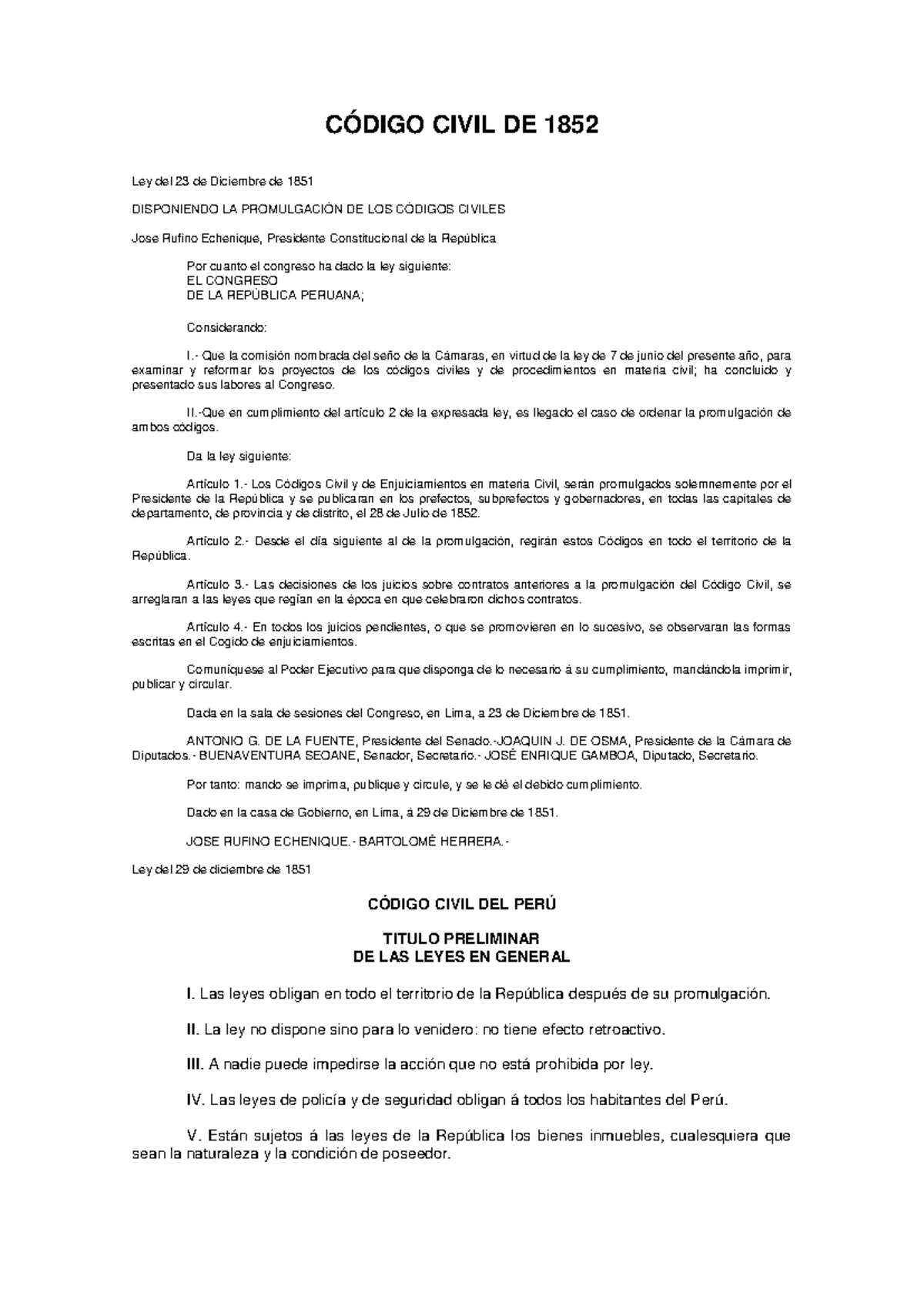 Codigo civil de 1852 - CÓDIGO CIVIL DE 1852 Ley del 23 de Diciembre de ...