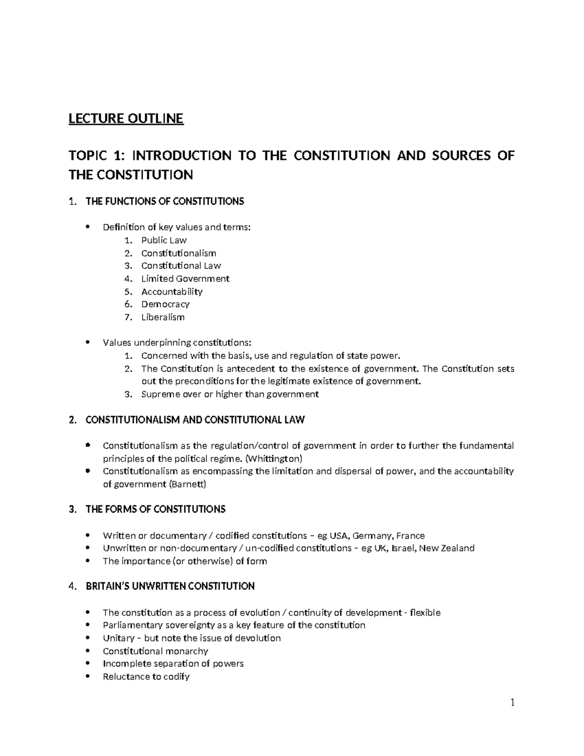 Constitutional Law outline - LECTURE OUTLINE TOPIC 1: INTRODUCTION TO ...