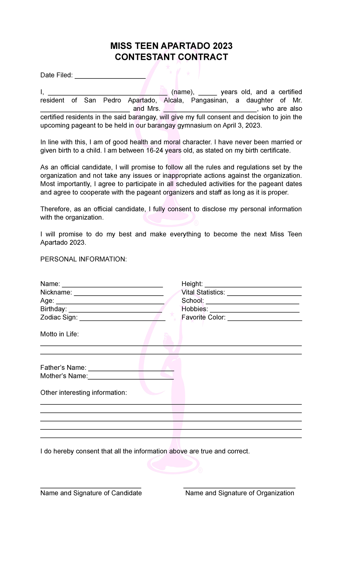 Contract Pageantry - MISS TEEN APARTADO 2023 CONTESTANT CONTRACT Date ...