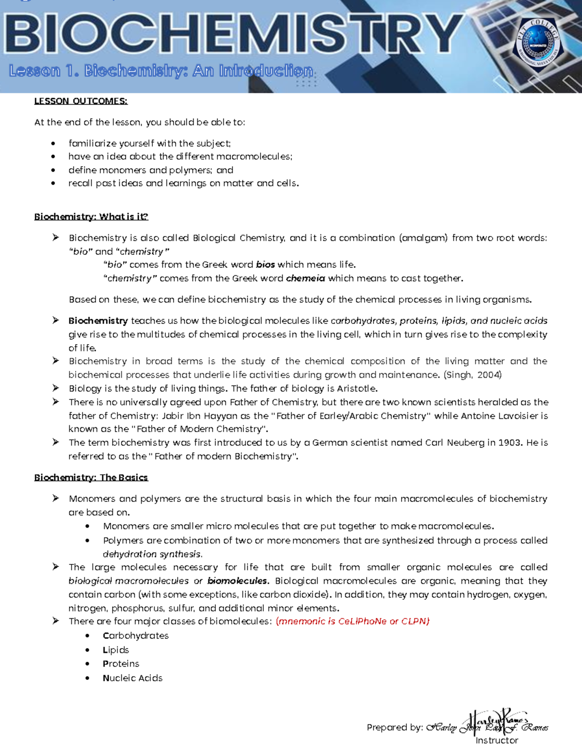 Lesson 1 Biochemistry Introduction - Prepared by: Harley John Paul F ...