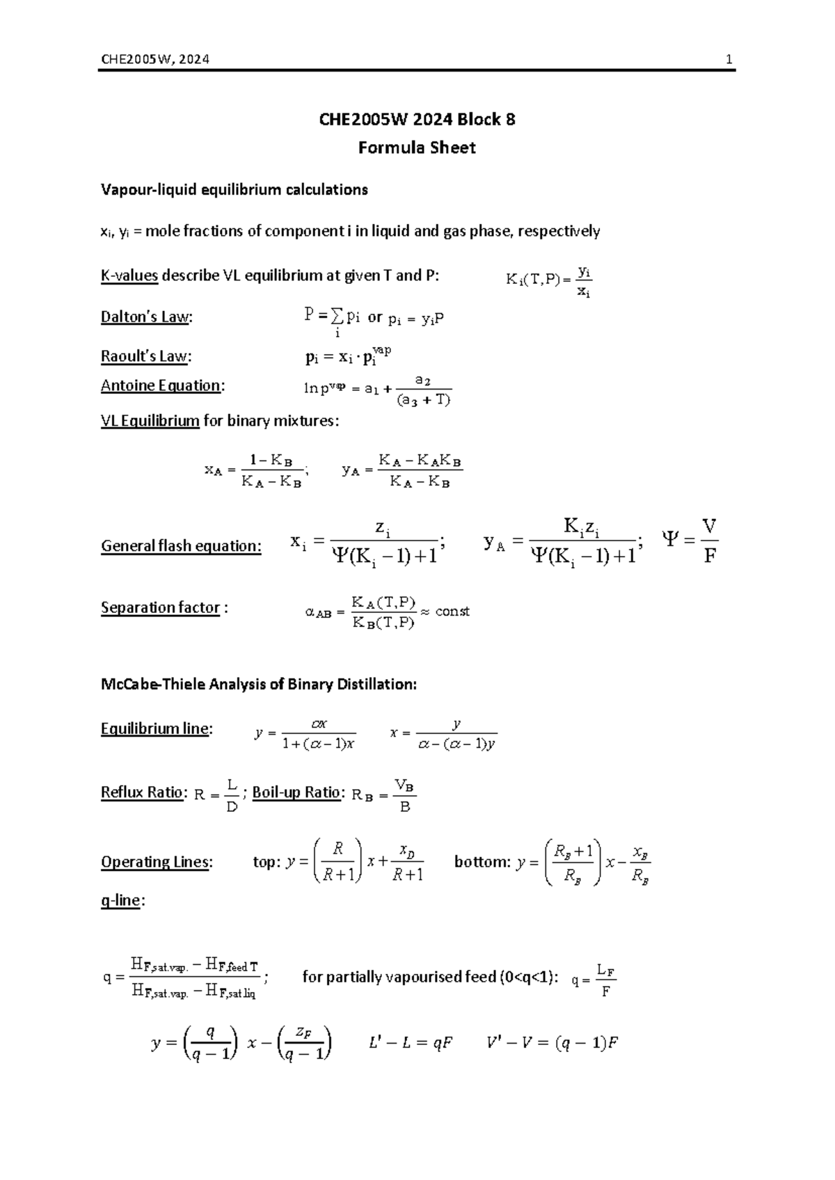 CHE2005 W 2024 Block 8 - Formula Sheet - CHE2005W, 2024 1 CHE2005W 2024 Block 8 Formula Sheet ...