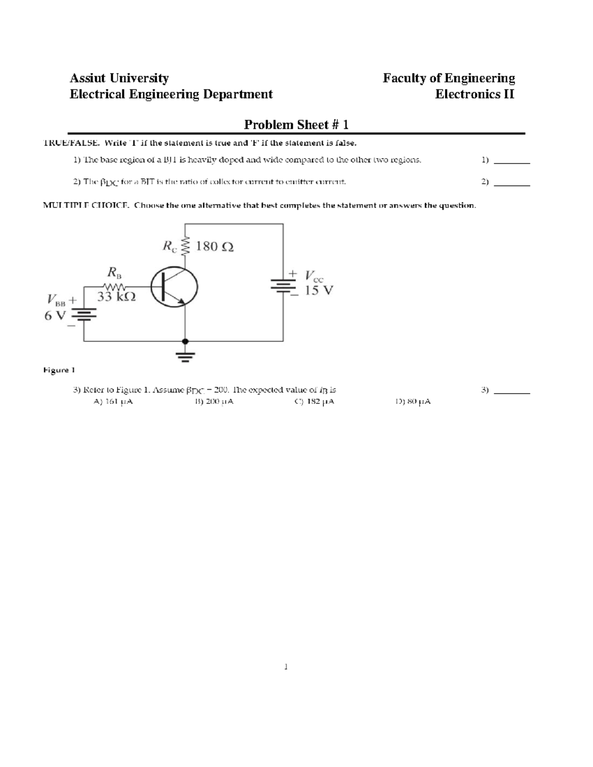 Sheet 1 - Problems on Electronics 2 - Assiut University Faculty of ...