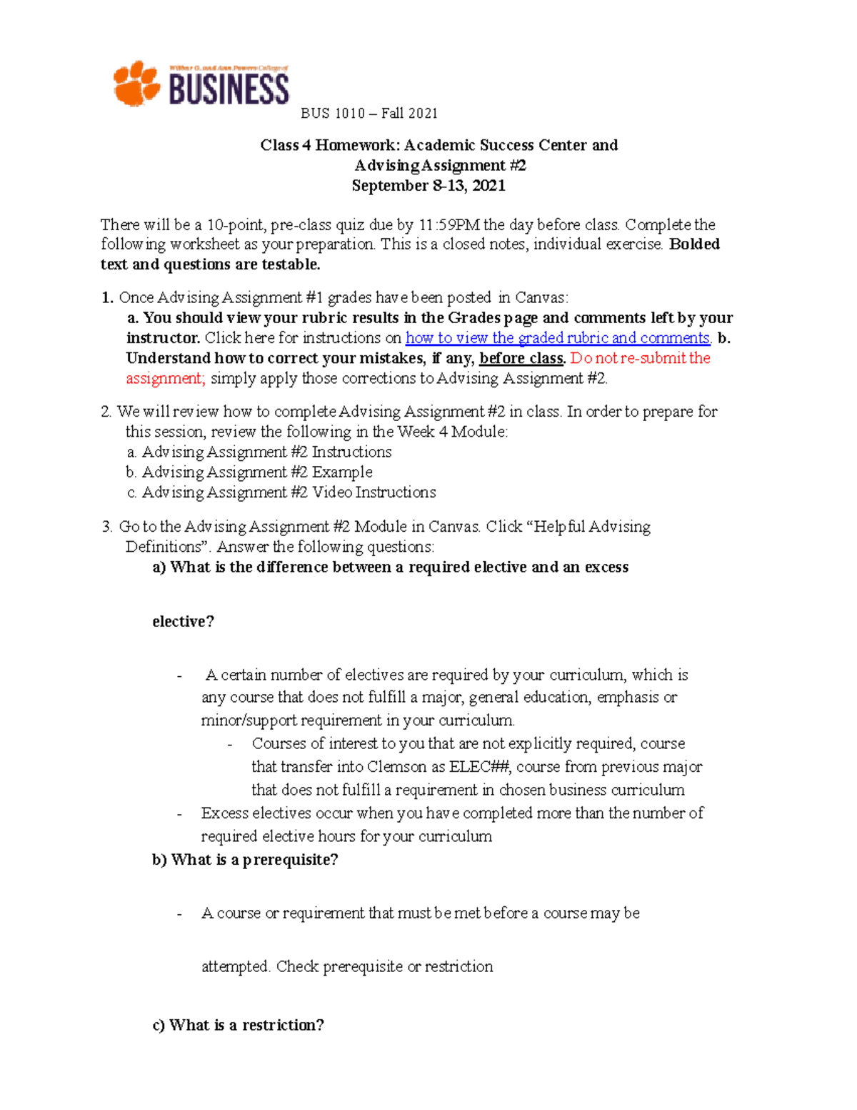 Week 4 Homework Sheet - BUS 1010 – Fall 2021 Class 4 Homework: Academic ...