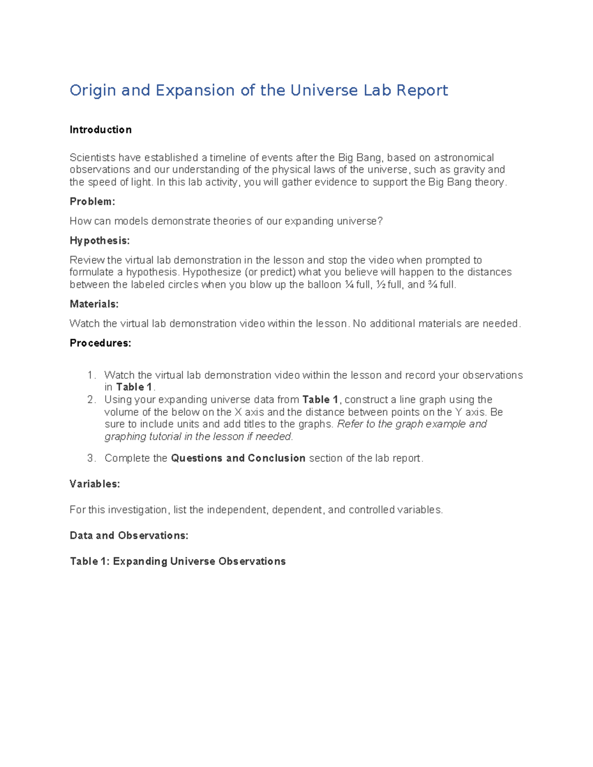 Origin expansion universe lab report - Origin and Expansion of the ...