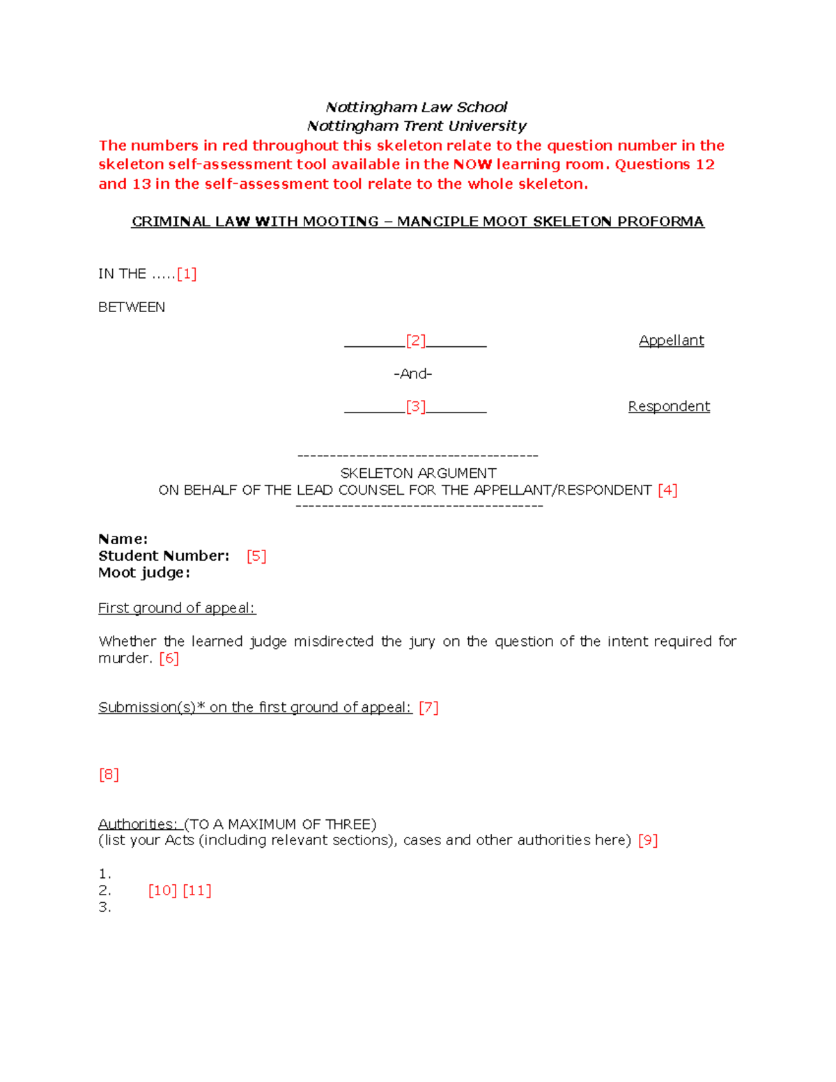 Moot Skeleton For Use With The Self assessment tool Nottingham Law