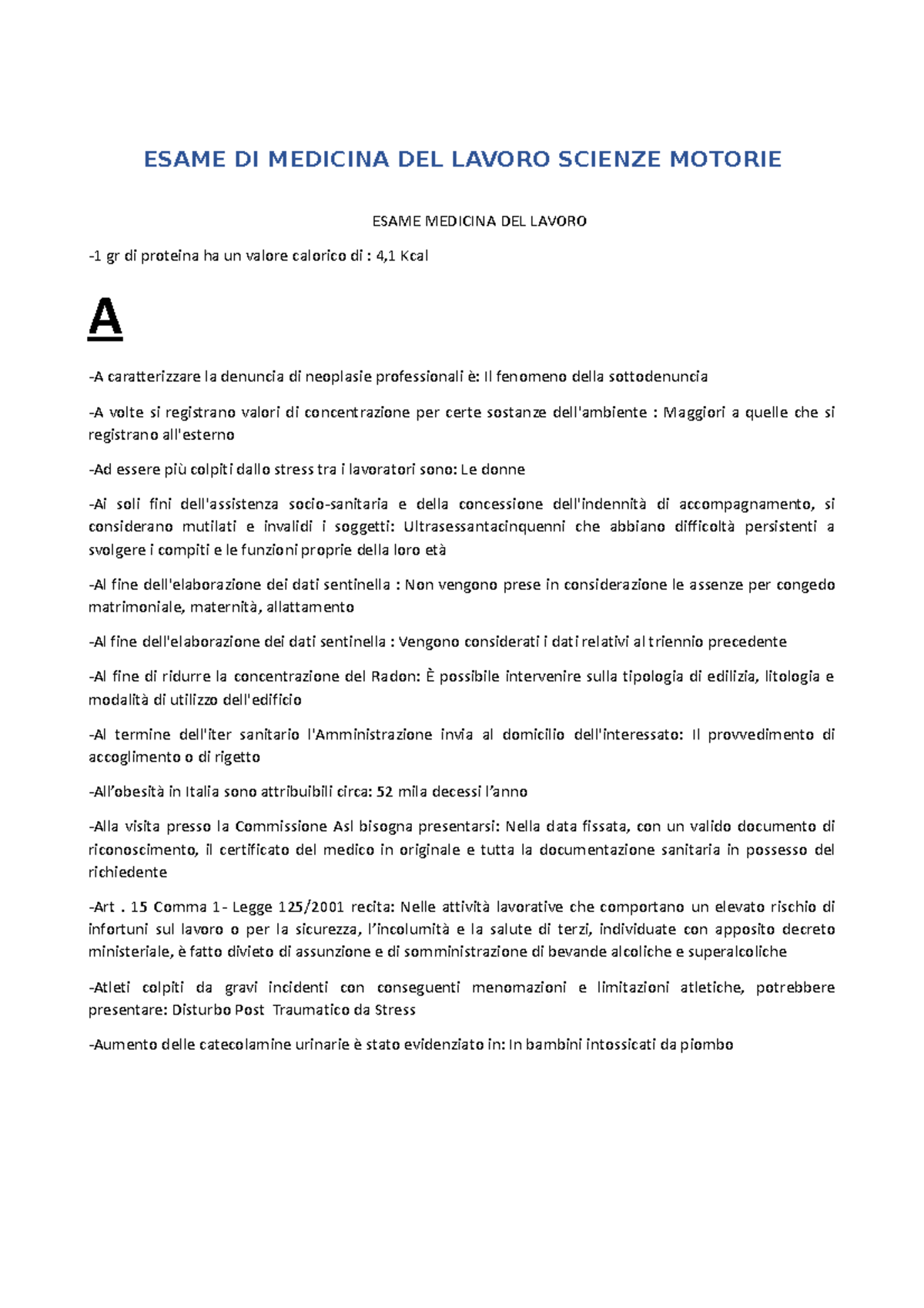 Medicina 2 - ESAME DI MEDICINA DEL LAVORO SCIENZE MOTORIE ESAME MEDICINA DEL LAVORO -1 gr di ...