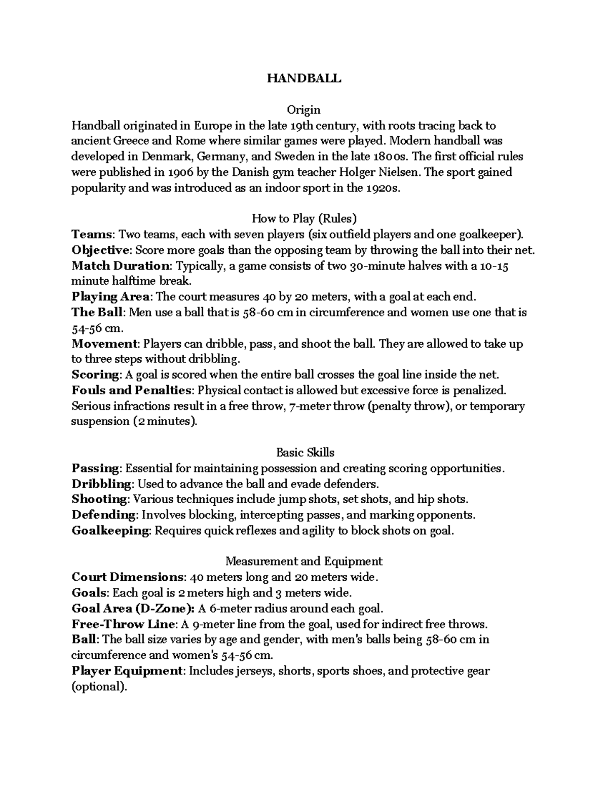 Handball - HANDBALL Origin Handball originated in Europe in the late ...