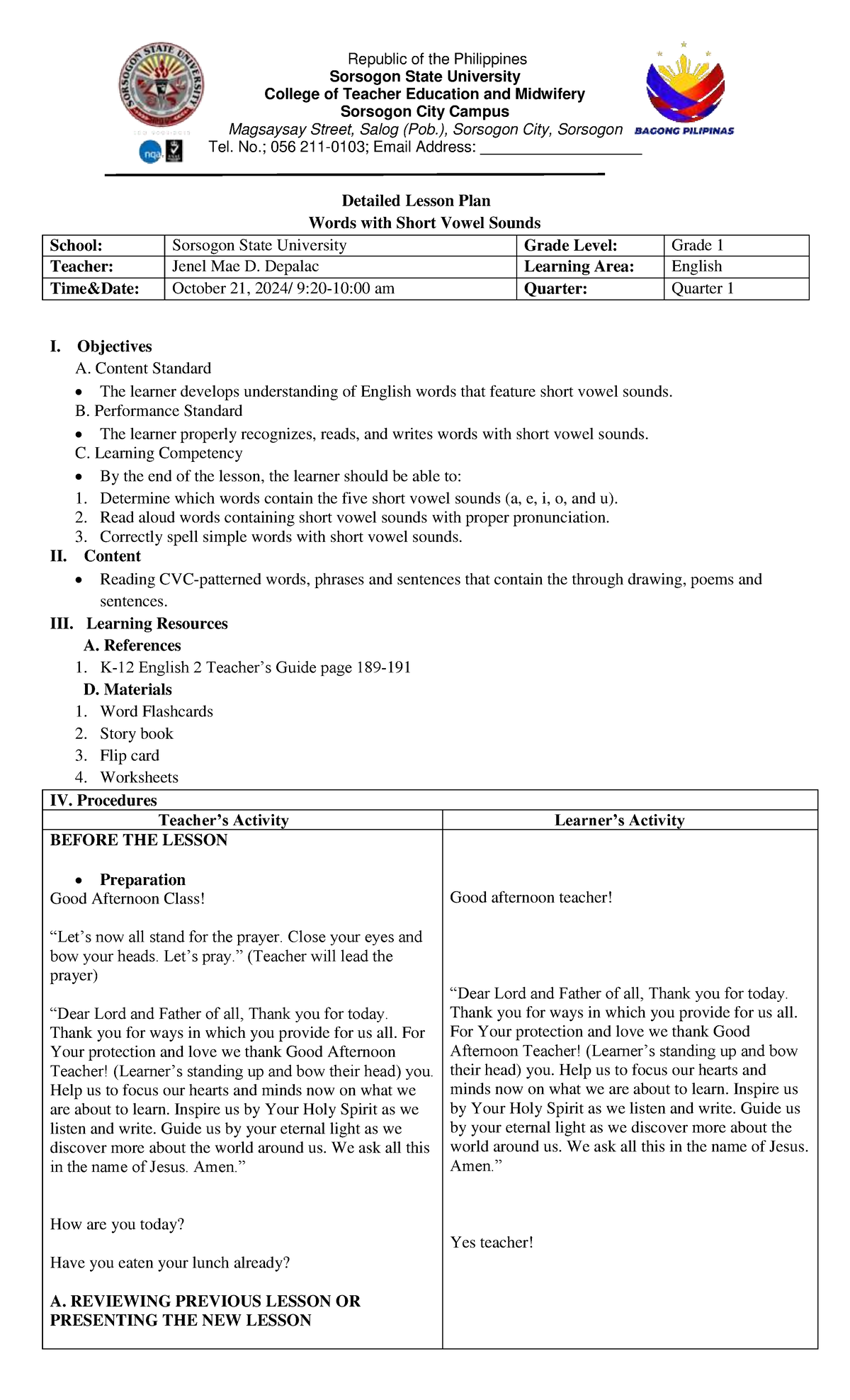 Depalac Detailed Lesson Plan - Republic of the Philippines Sorsogon ...