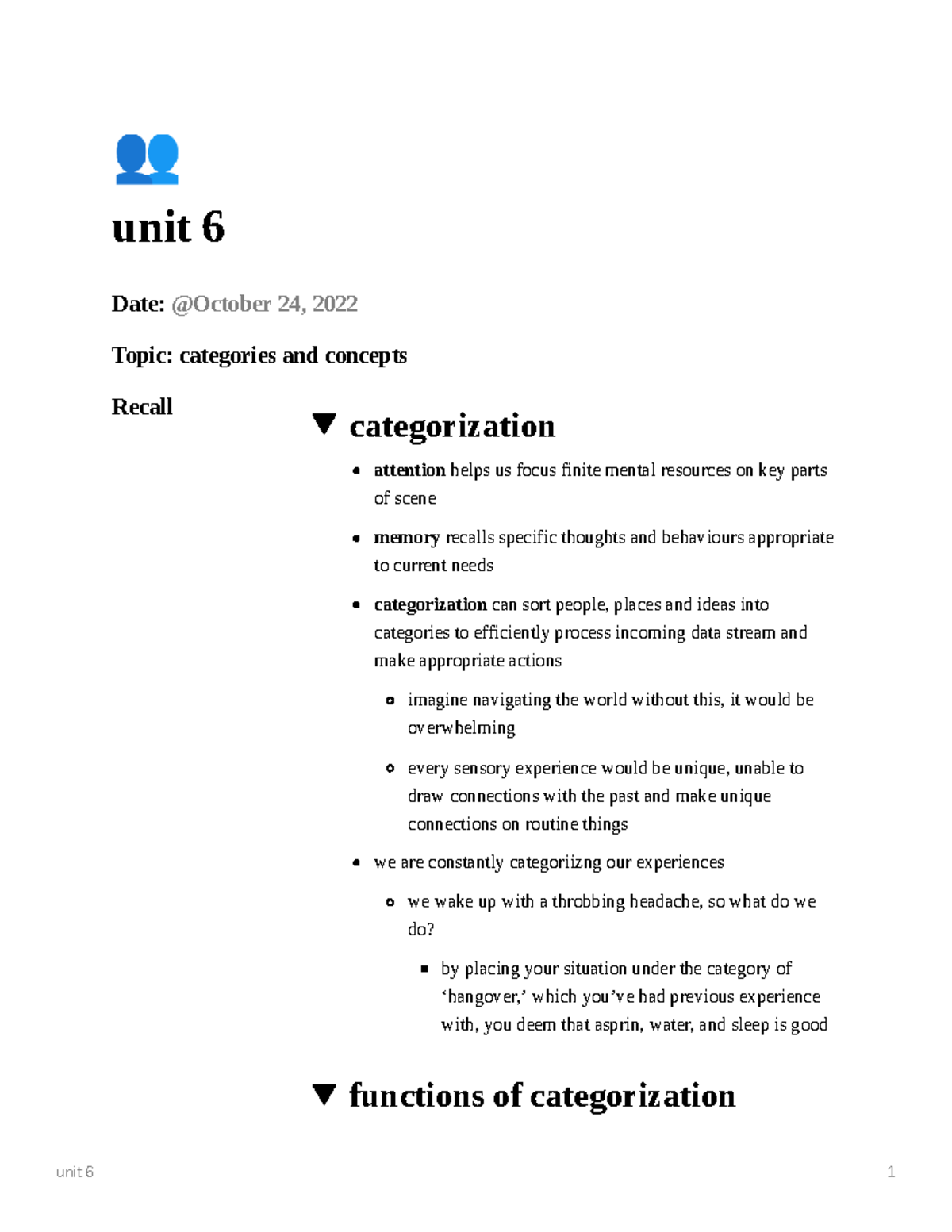 Unit 6 - unit 6 - S unit 6 Date: Topic: categories and concepts Recall ...