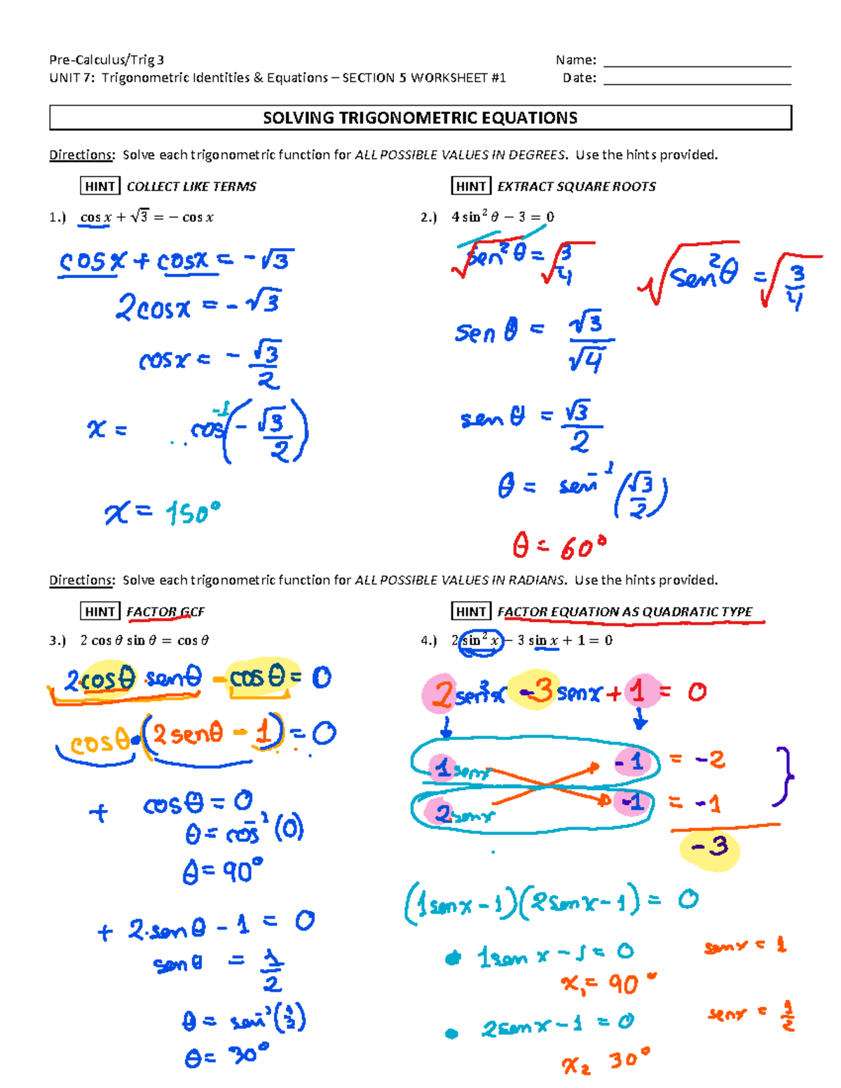 PC - Section 7.5 - Worksheet - Pre-Calculus/Trig 3 Name ...