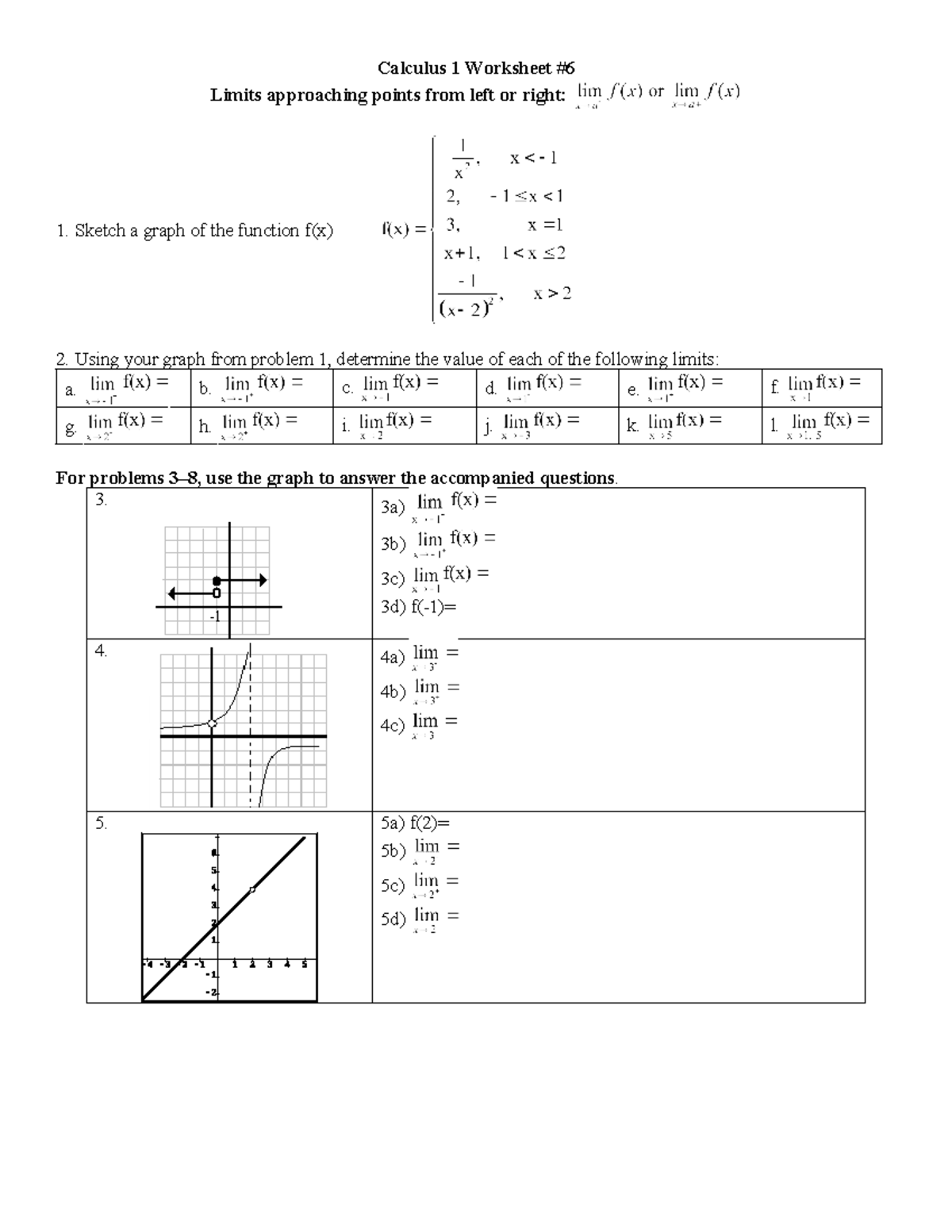 AB ws 006 limits left right - Calculus 1 Worksheet Limits approaching ...