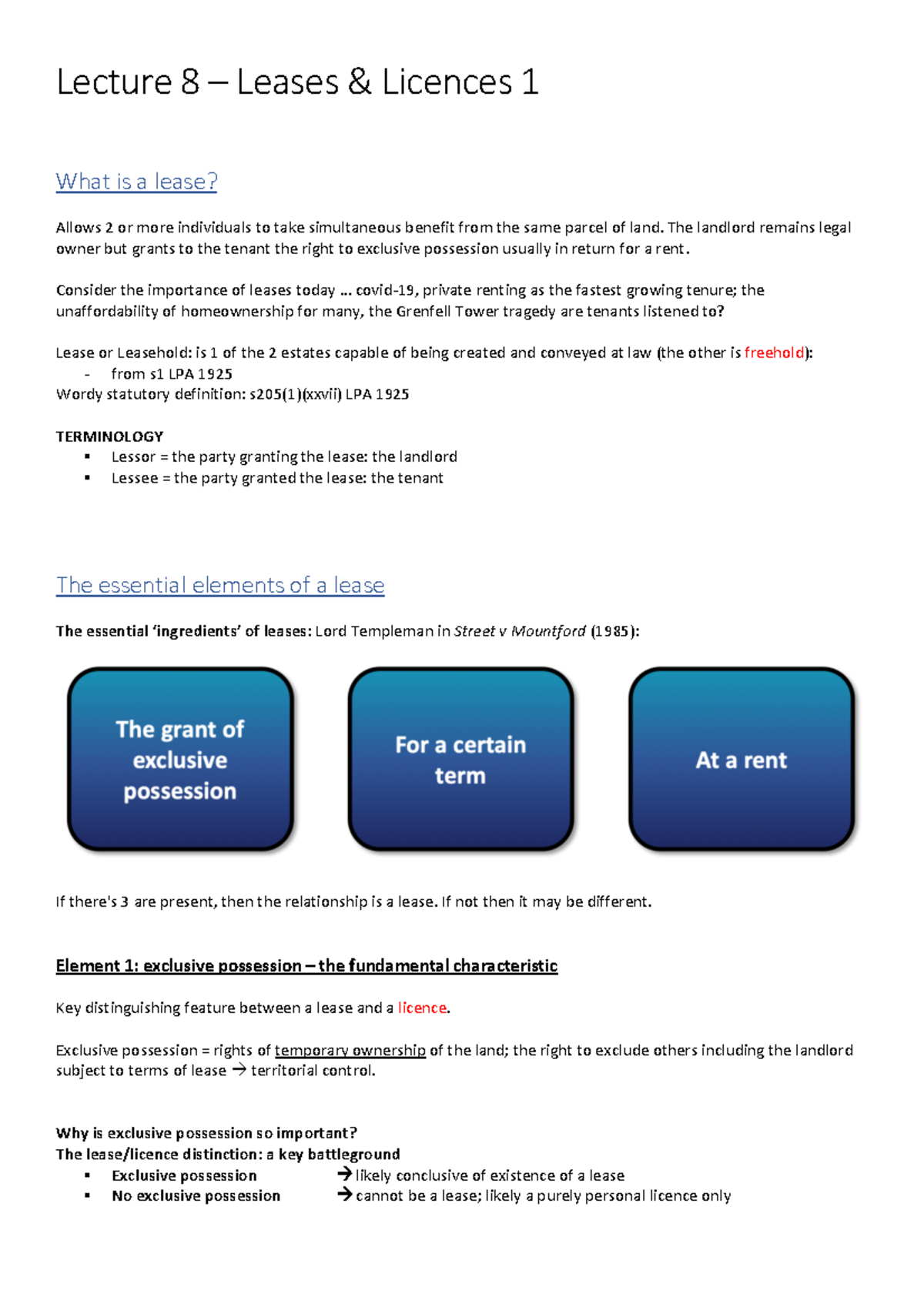 Leases and Licences 1 lecture 8 notes - Lecture 8 3 Leases & Licences 1 ...