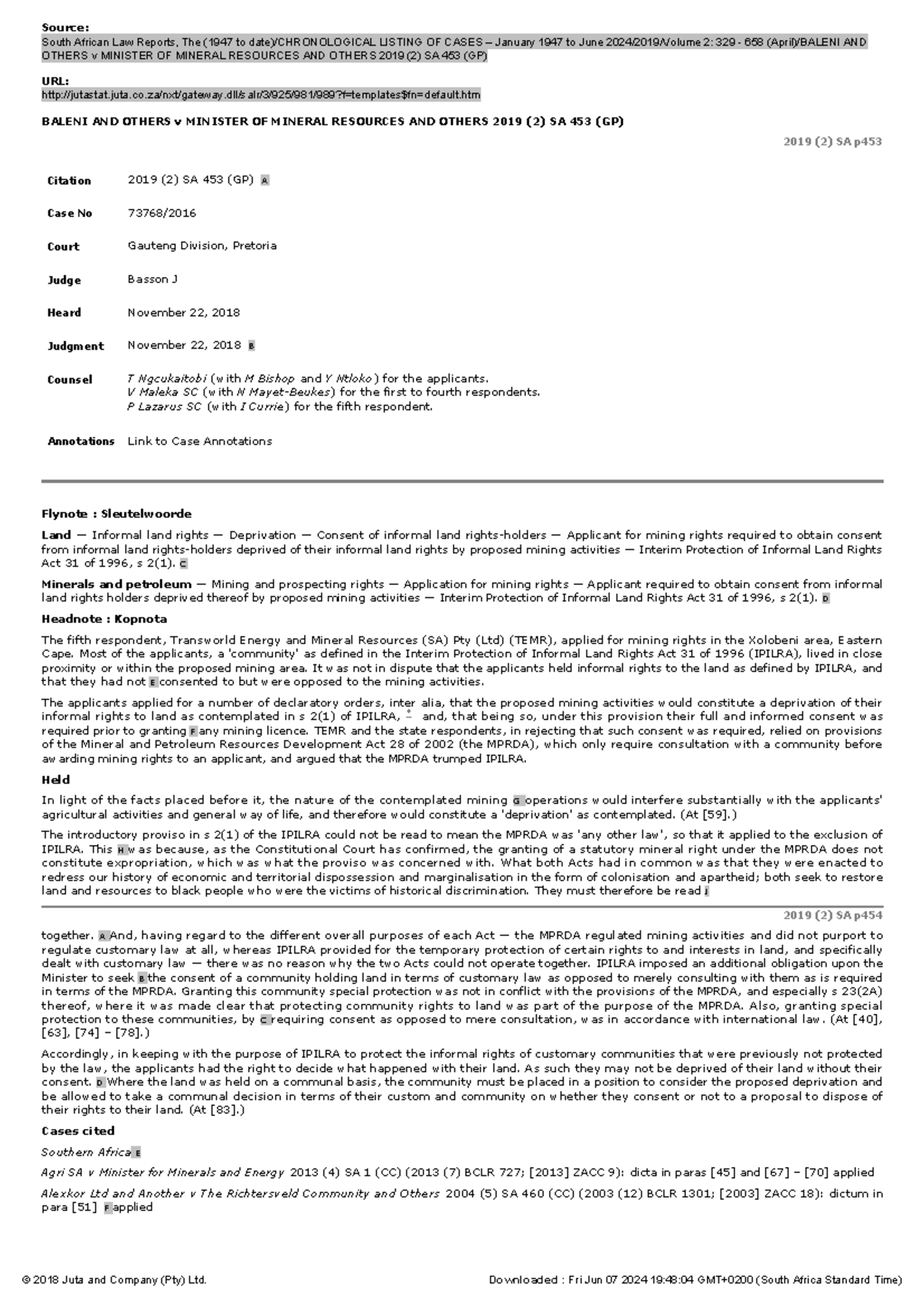 Baleni AND Others v Minister OF Mineral Resources AND Others 2019 (2 ...
