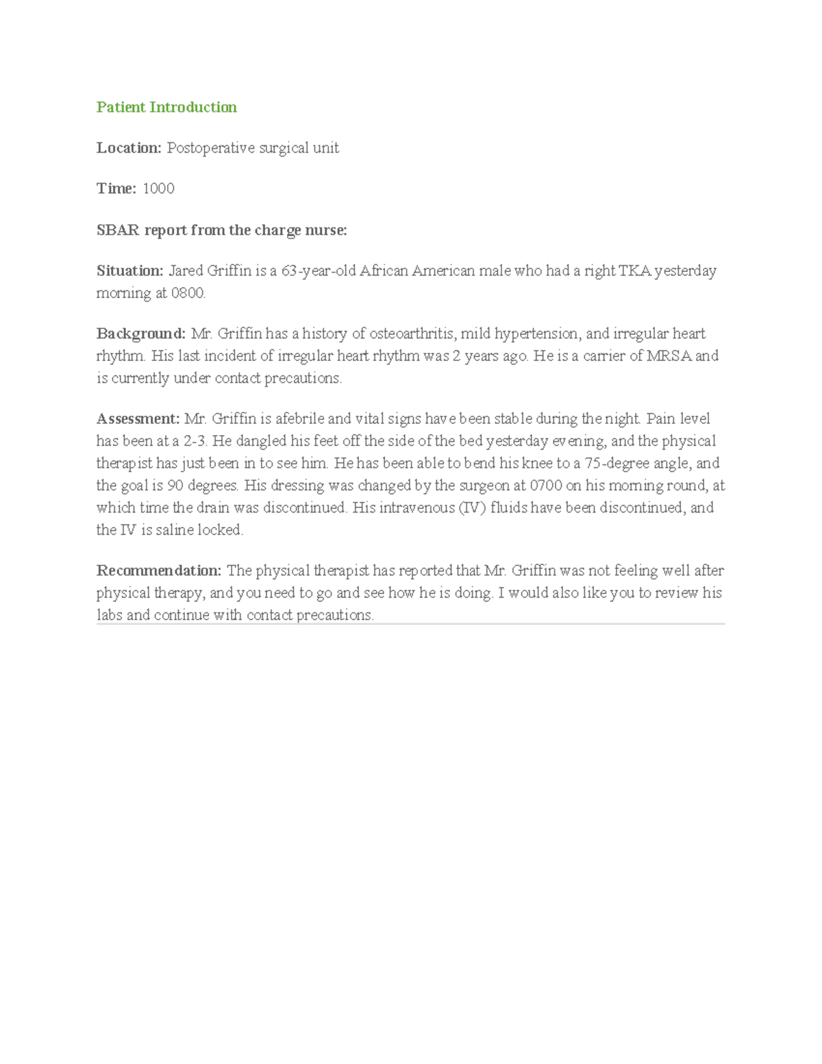 Patient-introduction - Patient Introduction Location: Postoperative ...