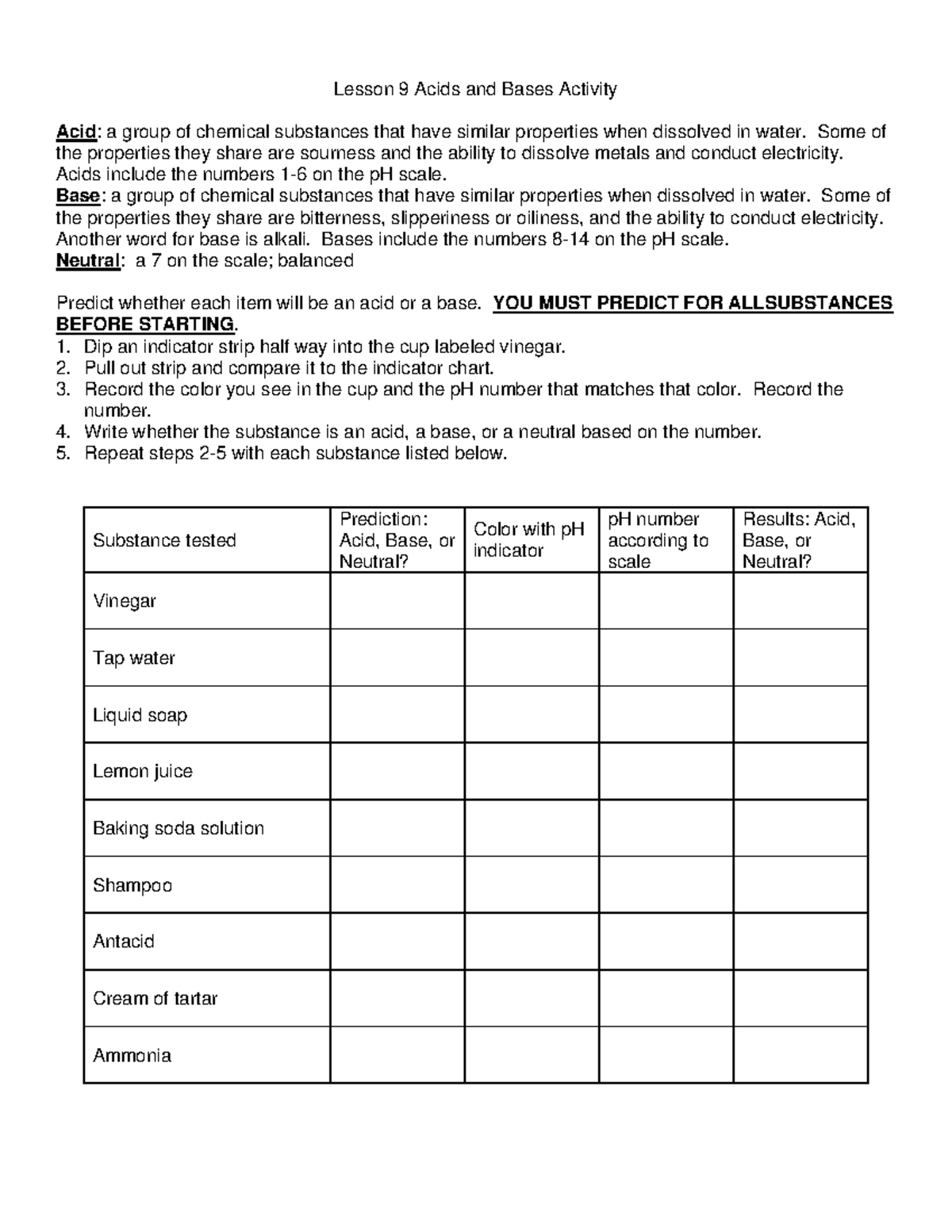 Lesson 9 acid bases lab sheet - Lesson 9 Acids and Bases Activity Acid ...