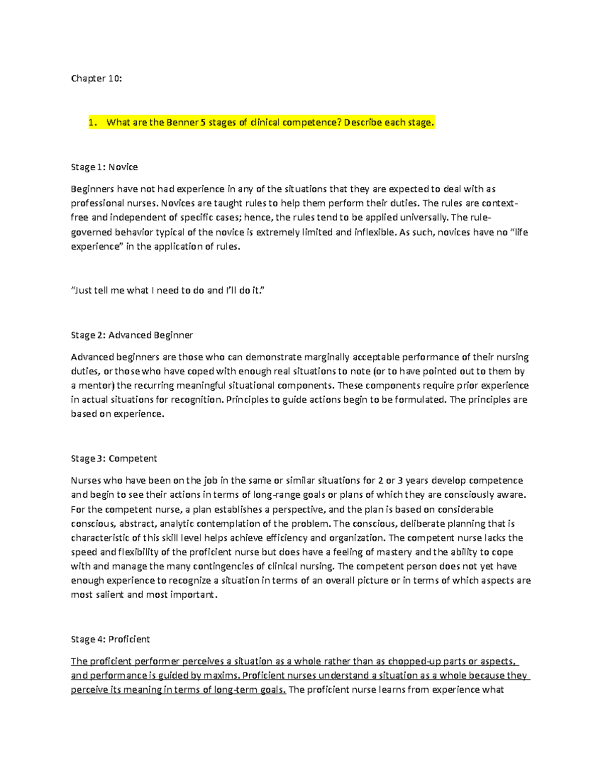 Chapter 10 - n/a - Chapter 10: 1. What are the Benner 5 stages of ...