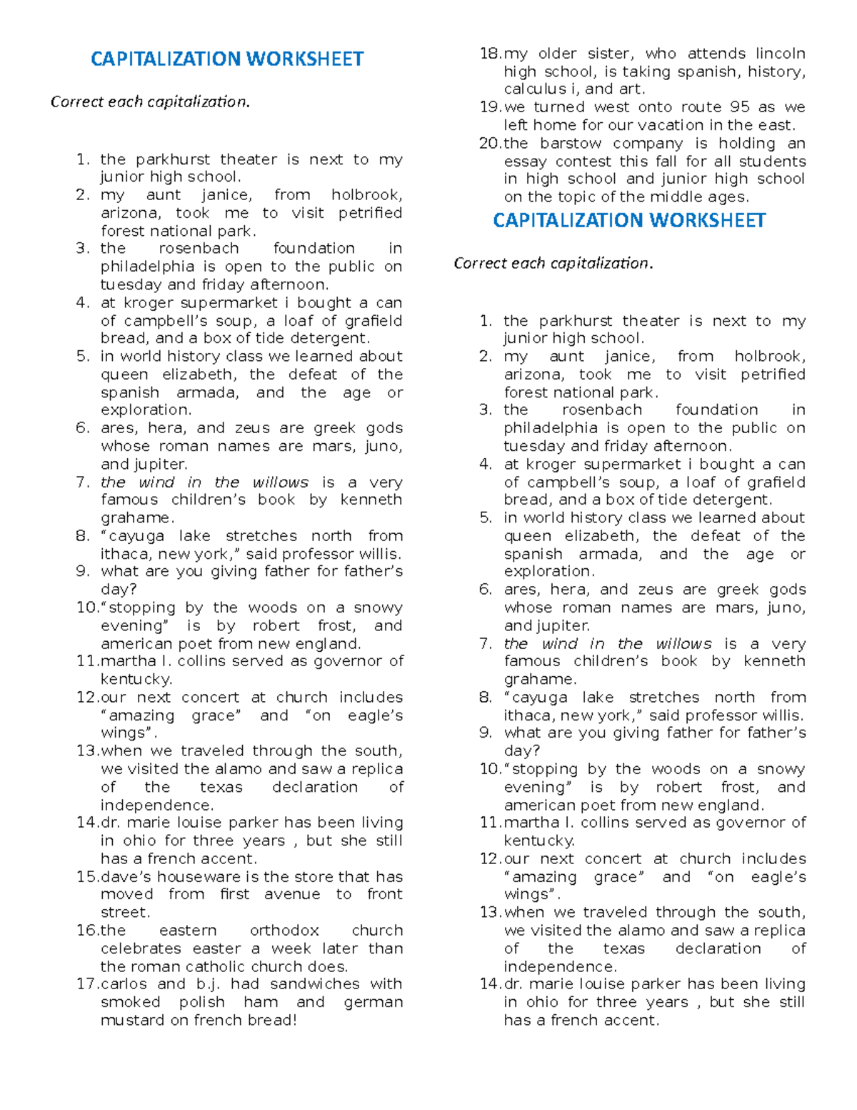 Capitalization Worksheet 1 - CAPITALIZATION WORKSHEET Correct each ...
