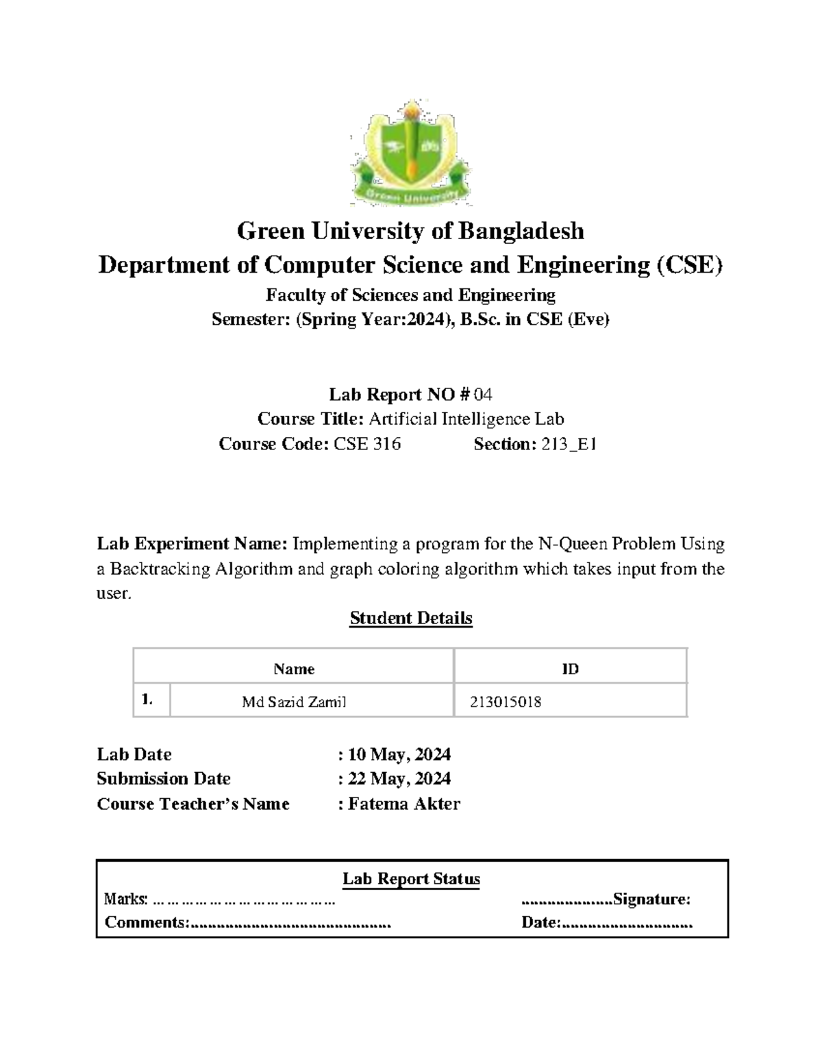 213015018 Ai Lab Report 04 Sazid Zamil - Green University of Bangladesh ...