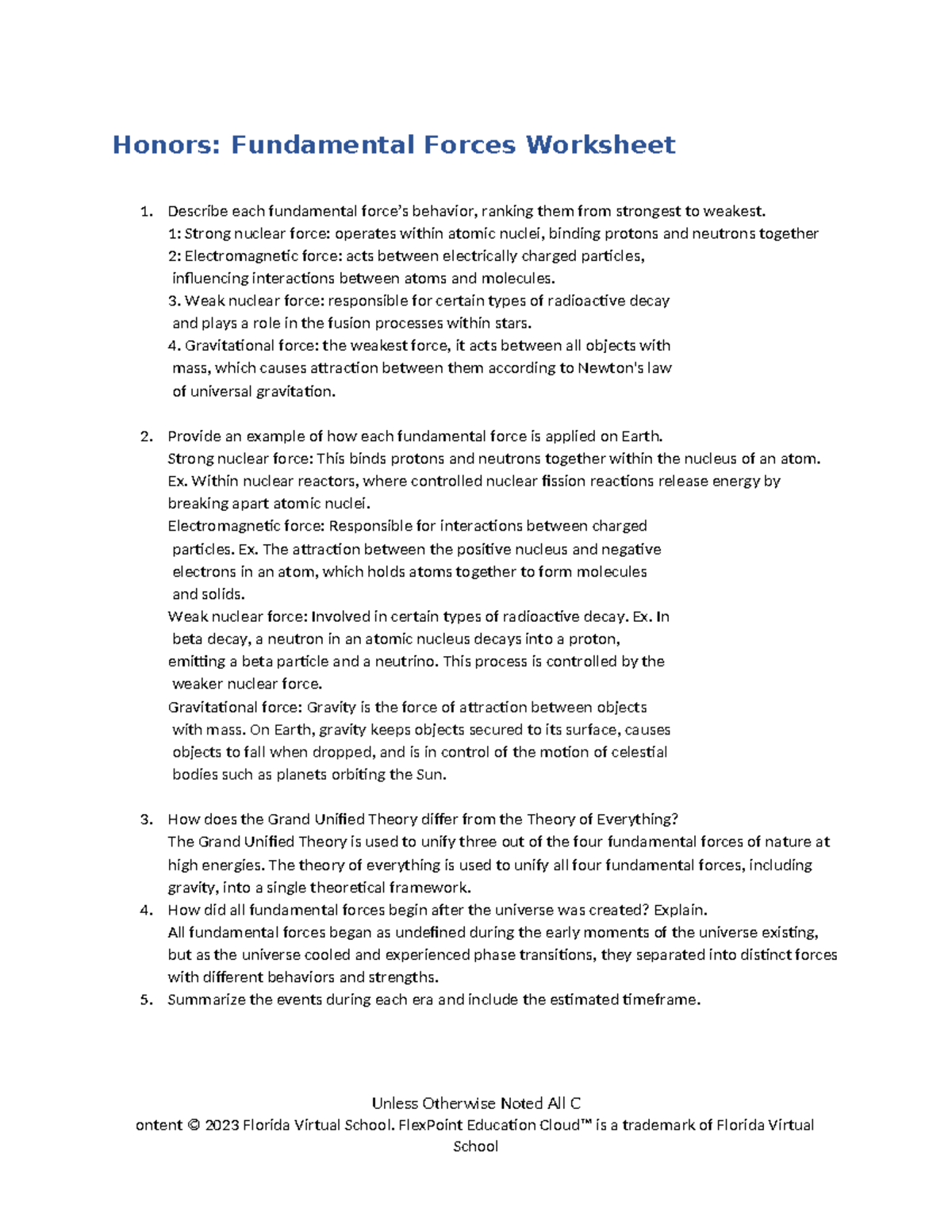 Fundamental forces activity worksheet - Honors: Fundamental Forces ...
