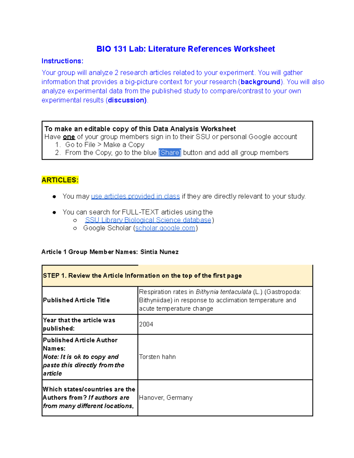 BIO131 Lab Group Literature References Document - BIO 131 Lab: Literature References Worksheet ...