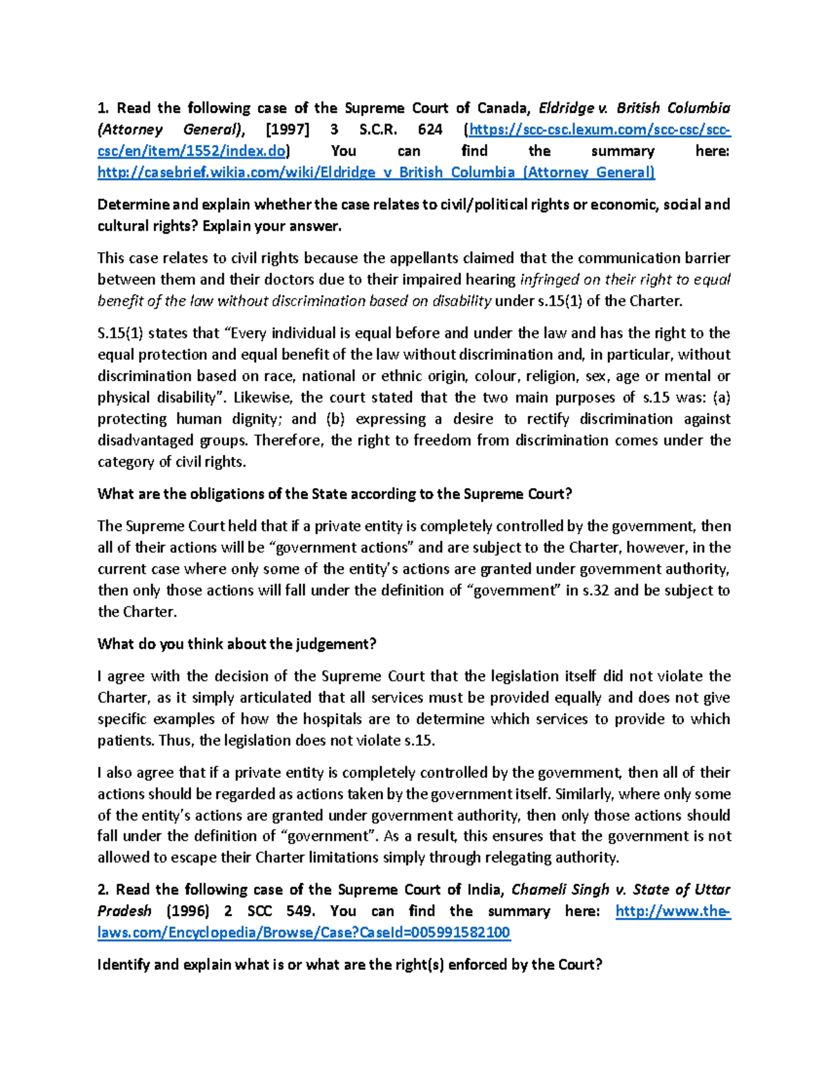 Overview of Human Rights Case Laws - Read the following case of the ...