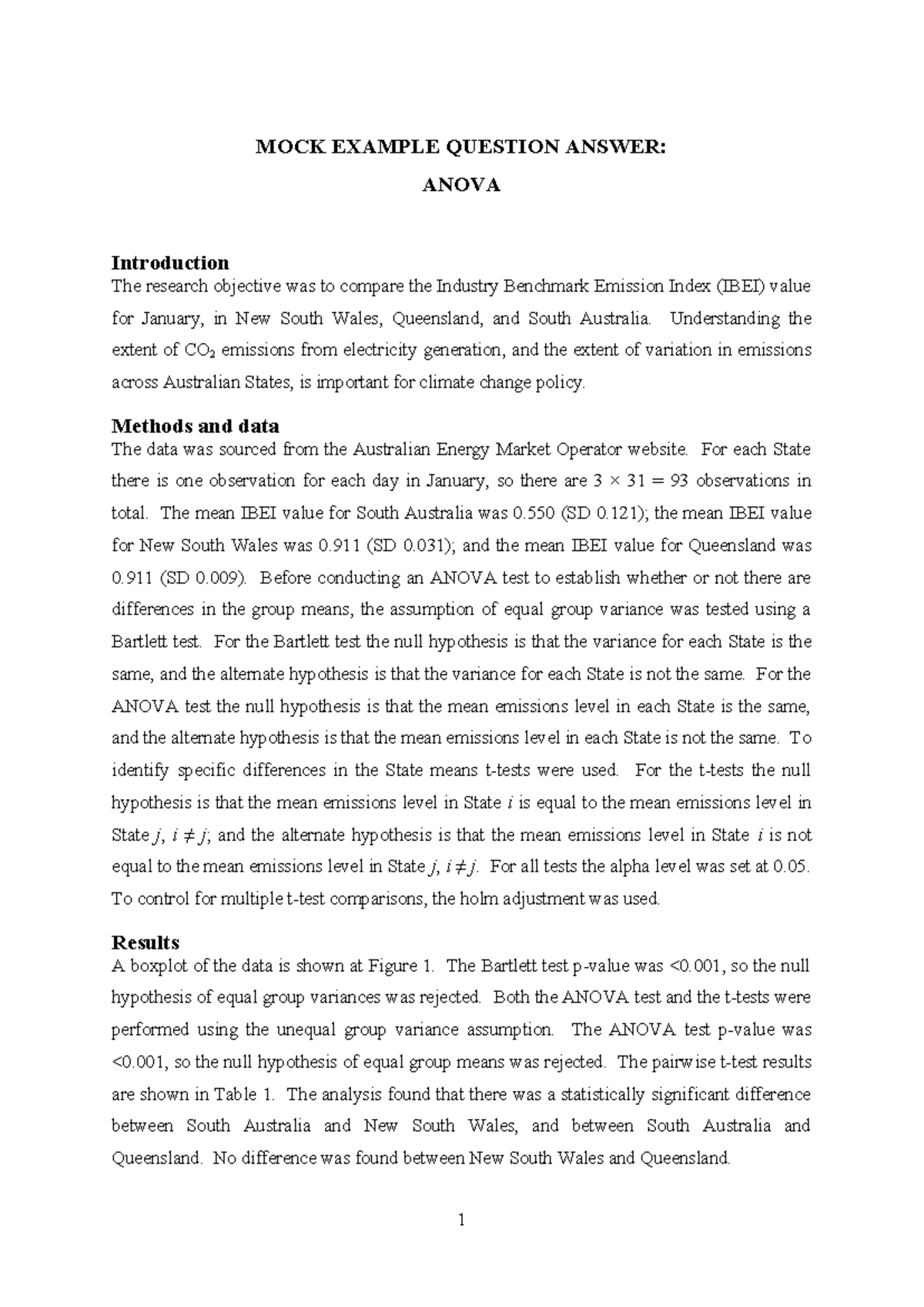 Anova example write up - MOCK EXAMPLE QUESTION ANSWER: ANOVA ...