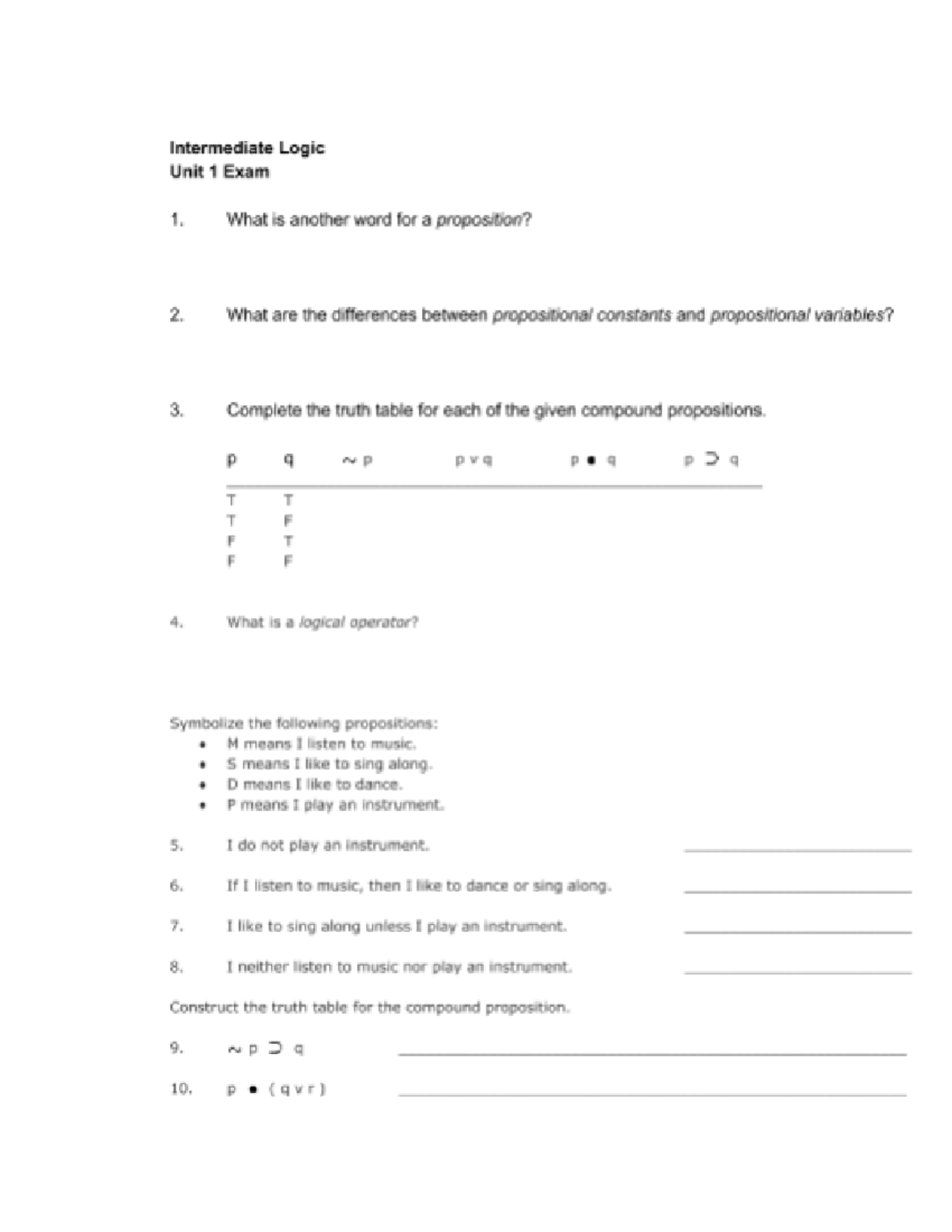 Intermediate Logic Unit 1 Exam - LSC 101 - Studocu