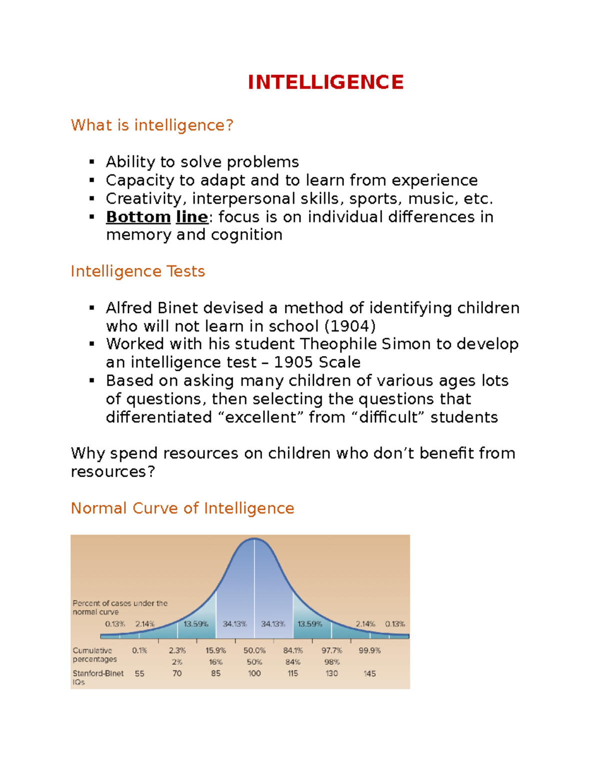 Psych notes - Part 2 - INTELLIGENCE What is intelligence? Ability to ...