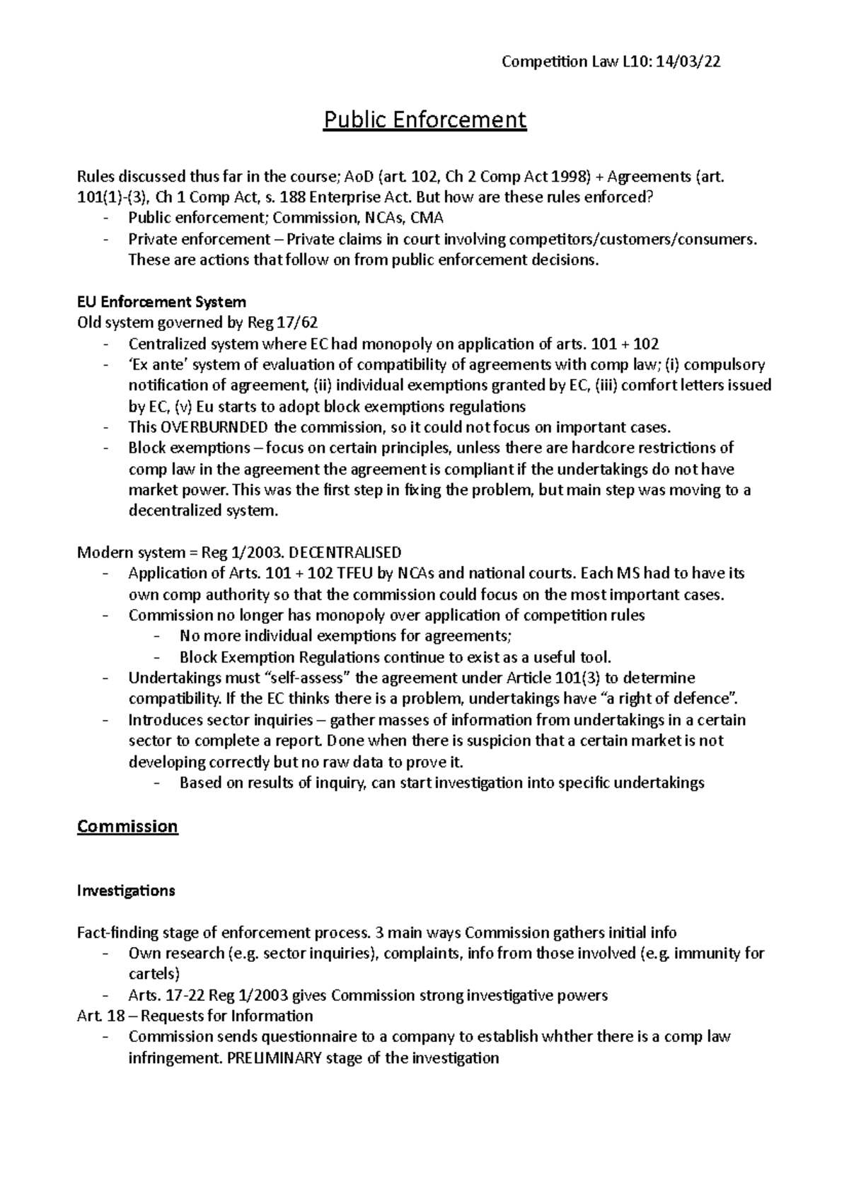 Lecture 11 - Public Enforcement - Public Enforcement Rules discussed thus far in the course; AoD ...