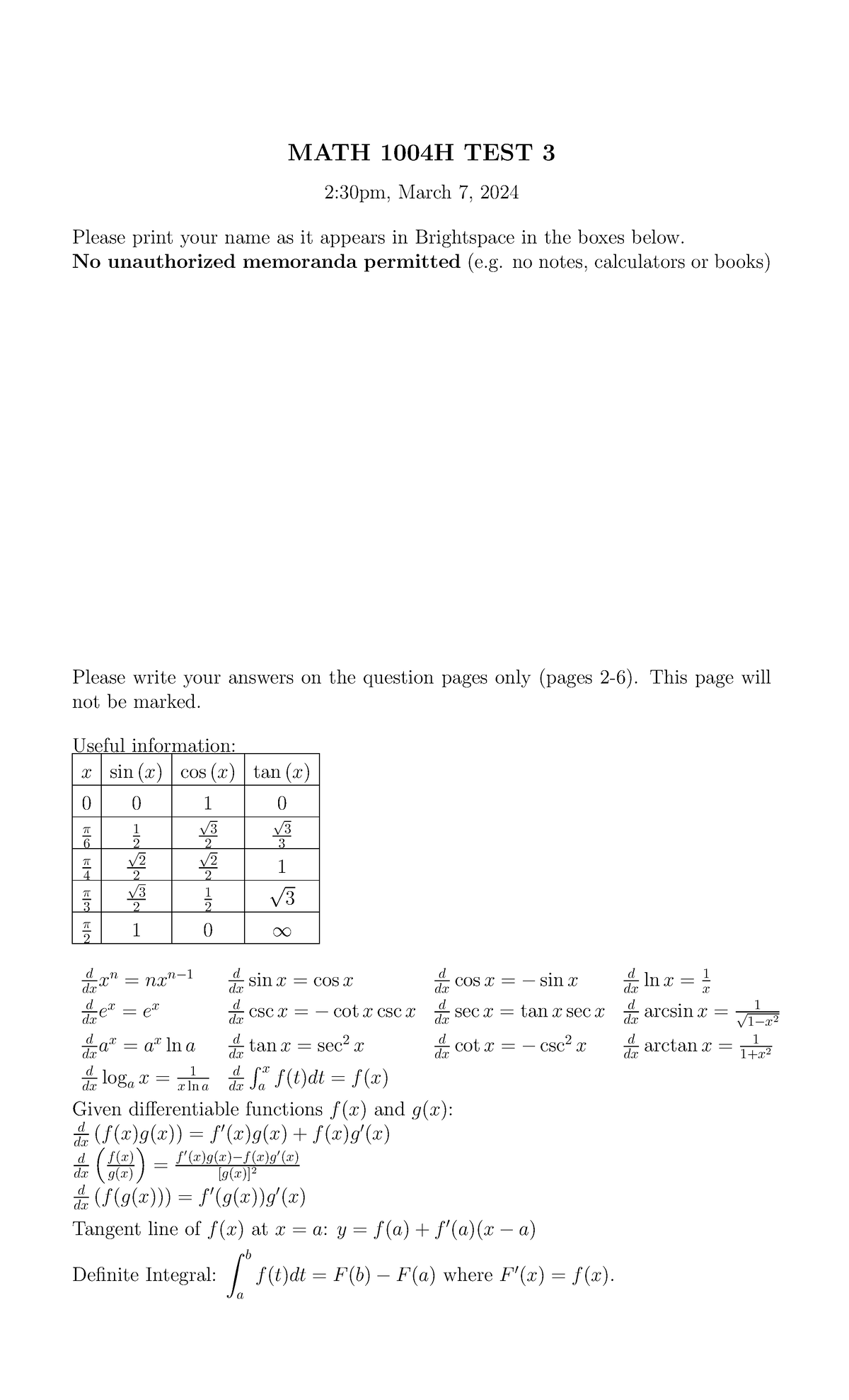 Test 3 Solutions - MATH 1004H TEST 3 2:30pm, March 7, 2024 Please print ...